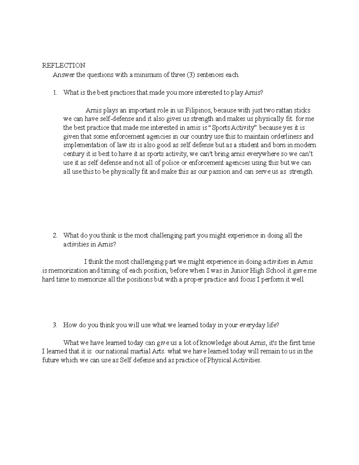 Reflection on arnis - Physical Education 3 - DHVSU - Studocu