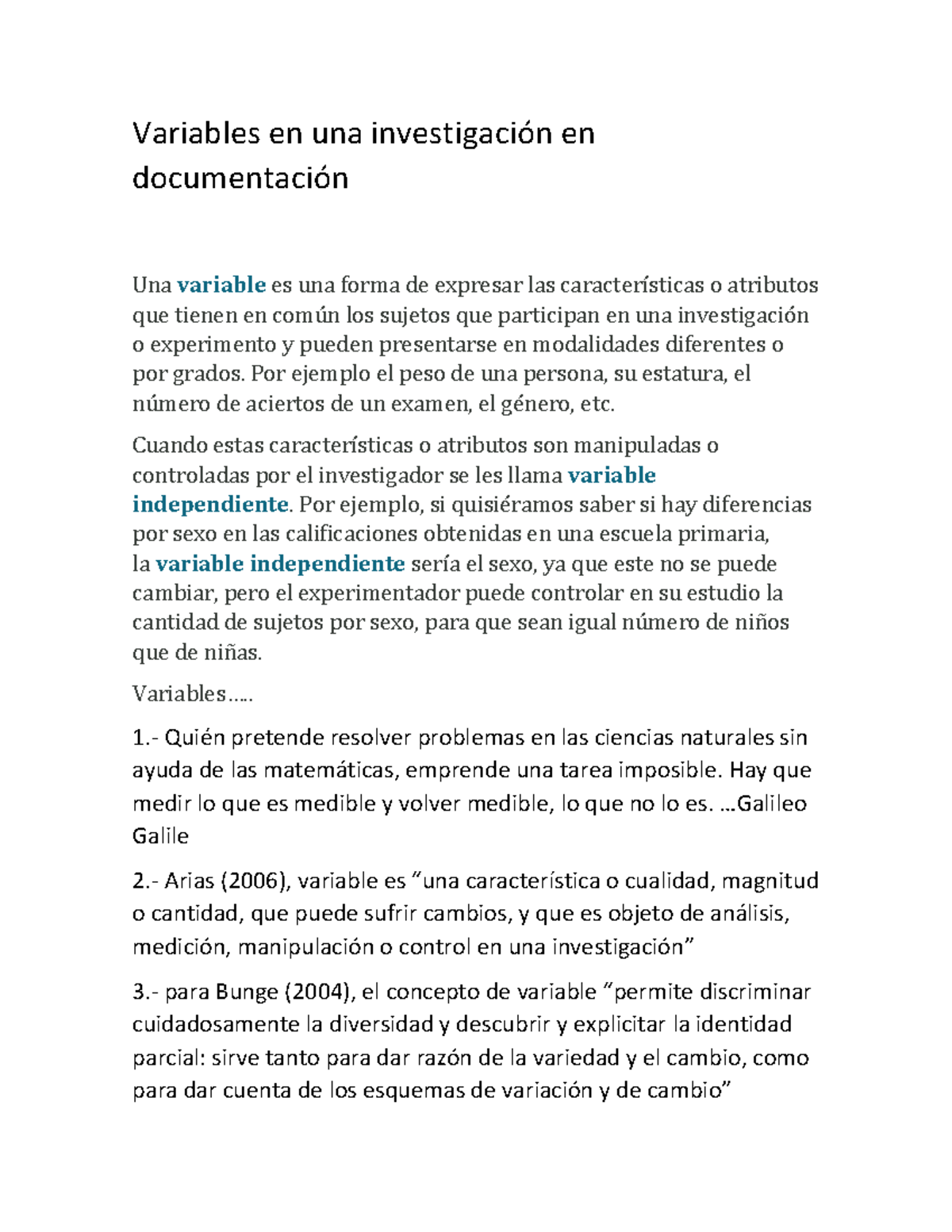 Variables en una investigación en documentación - Variables en una ...