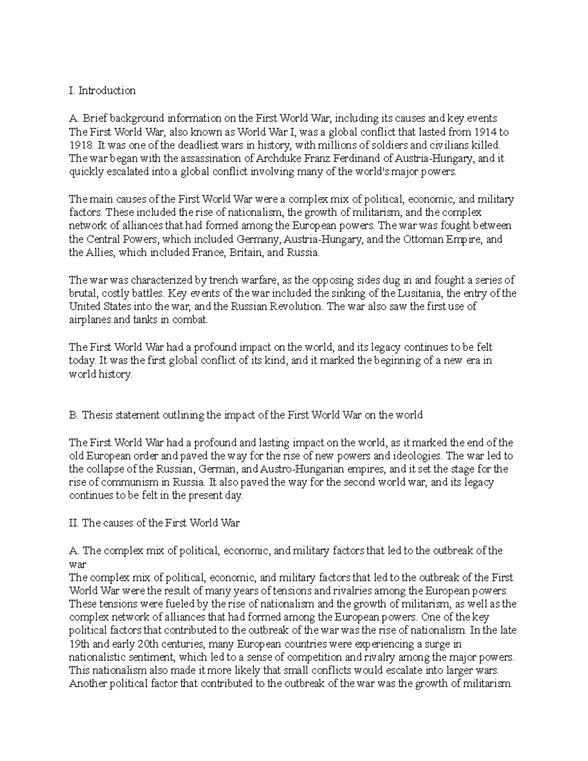 Outline for essay on World War One And Its Impact On The World - I ...