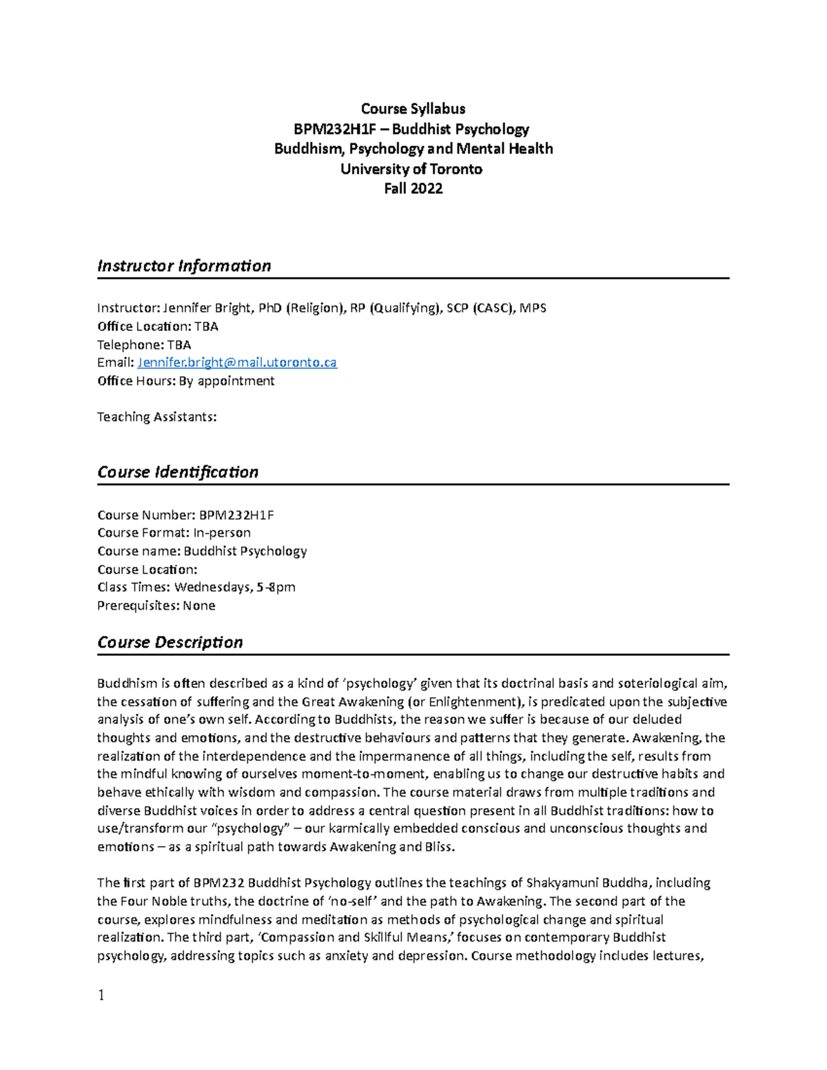 BPM232H1F syllabus - psychology course summary outline - Course ...