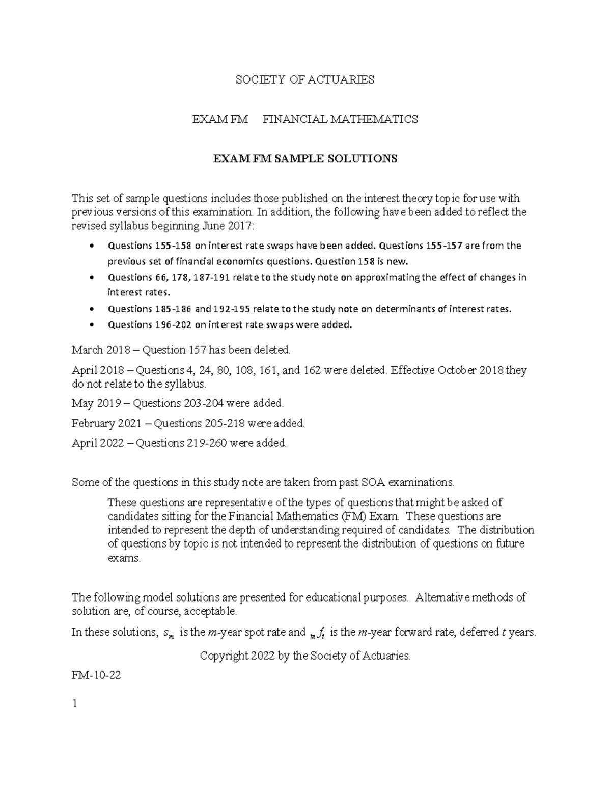 2018 10 exam fm sample solutions - SOCIETY OF ACTUARIES EXAM FM ...
