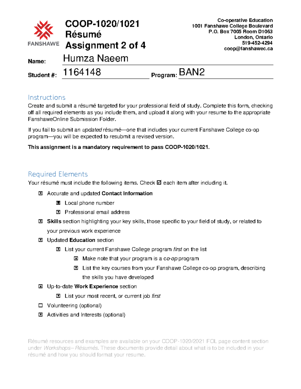 COOP 1020- Resume Form - COOP-1020/ Résumé Assignment 2 of 4 Co ...