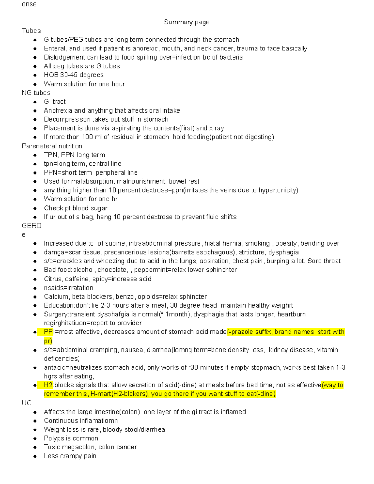 Med surg summary notes - onse Summary page Tubes G tubes/PEG tubes are ...