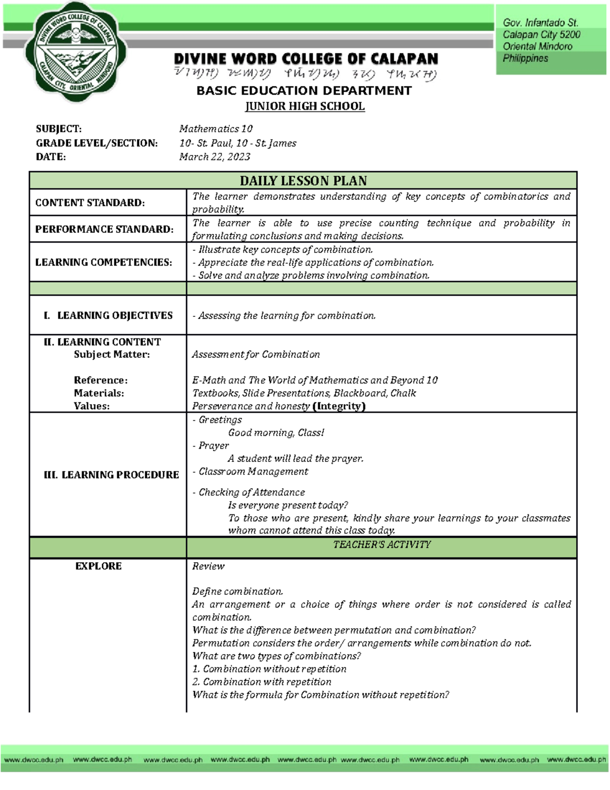MATH10 MAR22 - Lesson Plan - BASIC EDUCATION DEPARTMENT JUNIOR HIGH ...