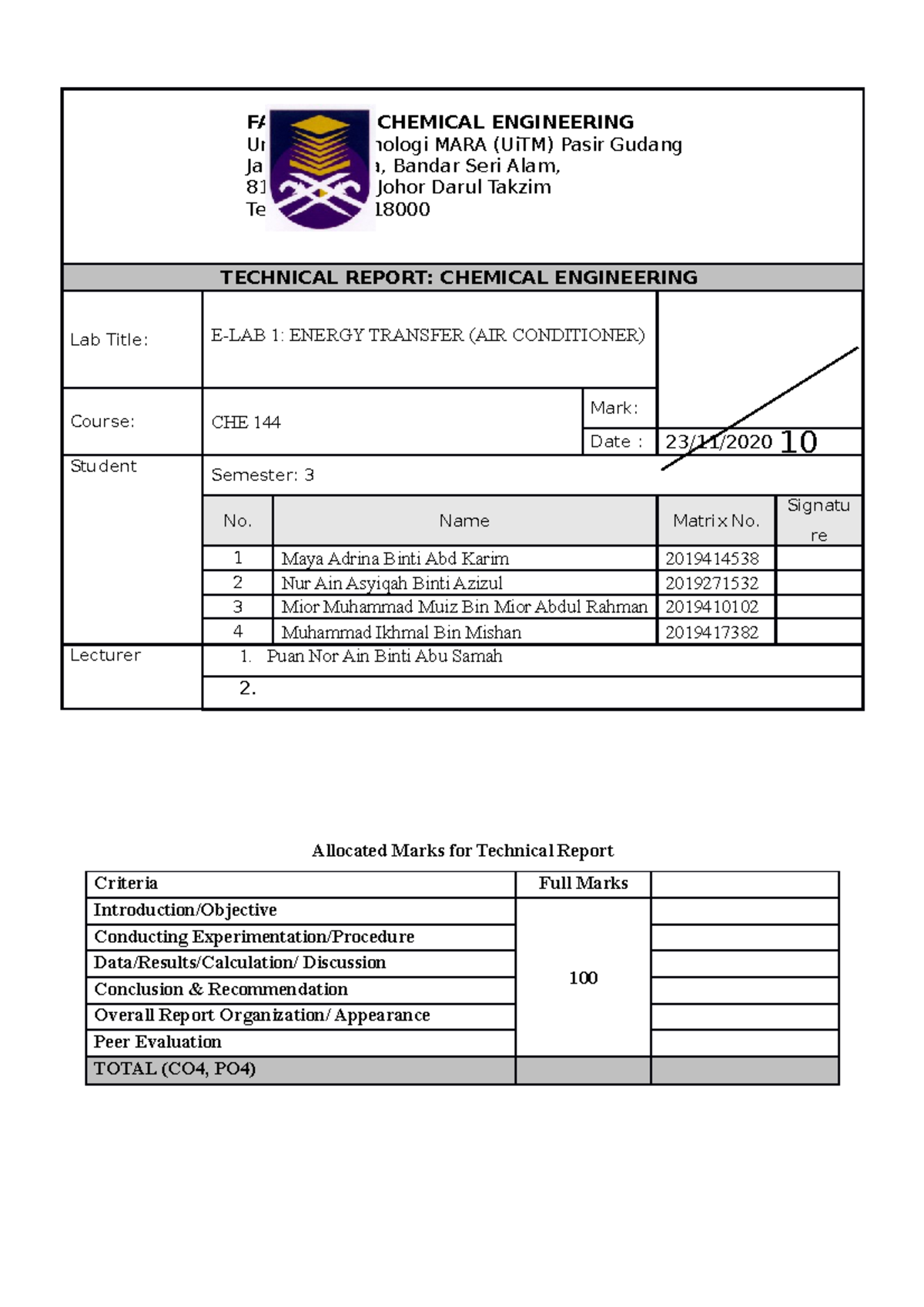 E-Lab 1 Report Group 4 3B - FACULTY OF CHEMICAL ENGINEERING Universiti ...