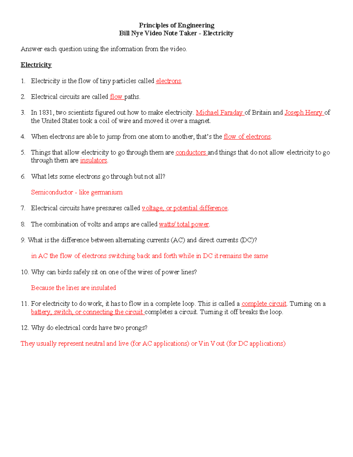 Bill Nye Video Note Taker Electricity-2 - Principles of Engineering ...