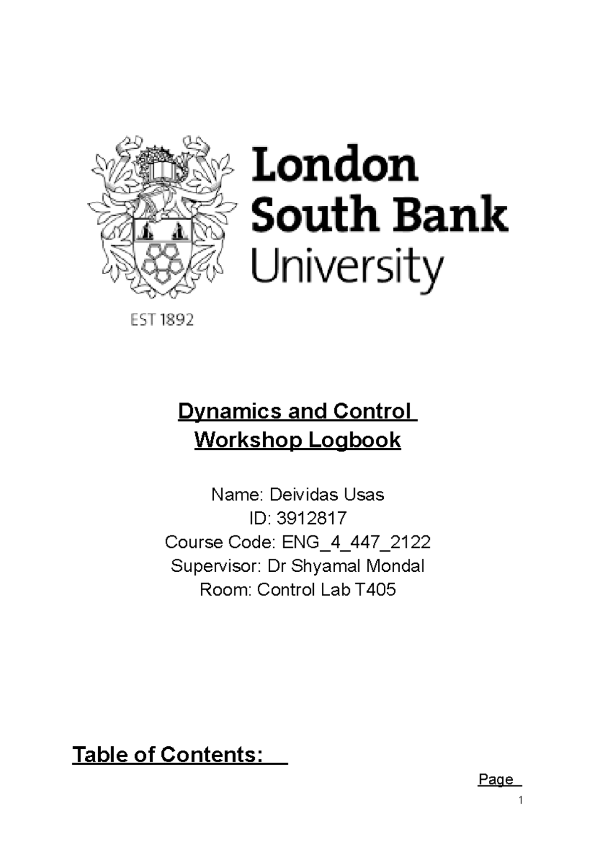 Dynamics and Control Logbook - Dynamics and Control Workshop Logbook ...