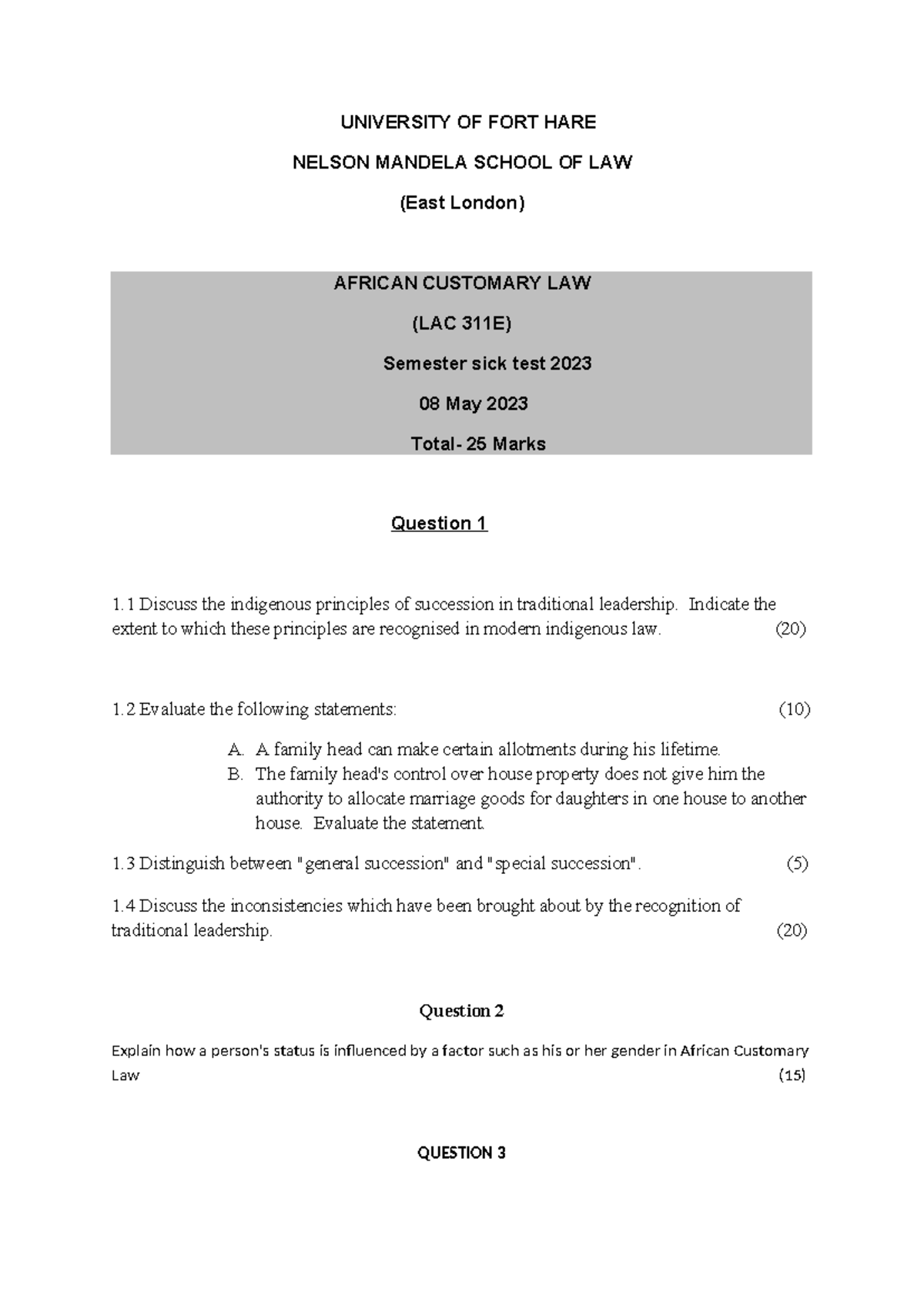 Customary LAW Tutorial Question 7TH MAY - UNIVERSITY OF FORT HARE ...