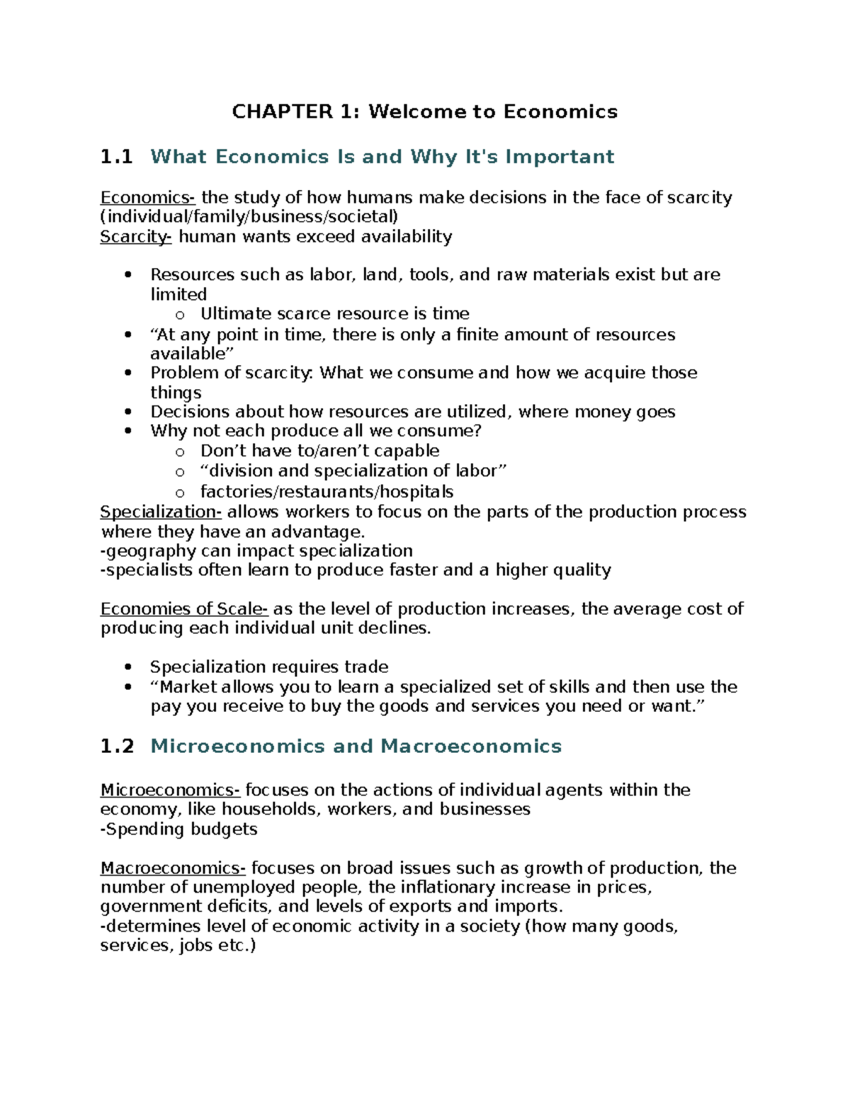 EC011 Entire Chapter 1 Notes - CHAPTER 1 : Welcome to Economics 1 What ...