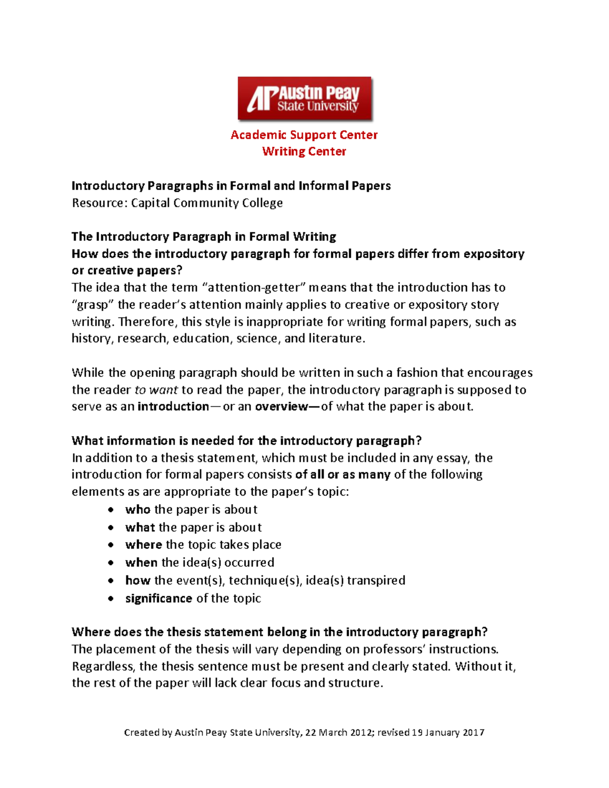 Introductory or opening paragraph - Academic Support Center Writing ...