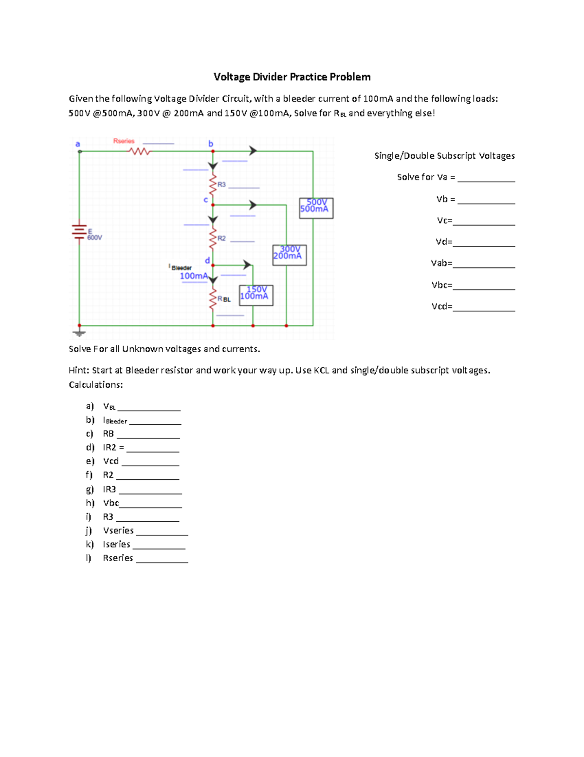 Multilevel Voltage divider with solutions - Voltage Divider Practice ...