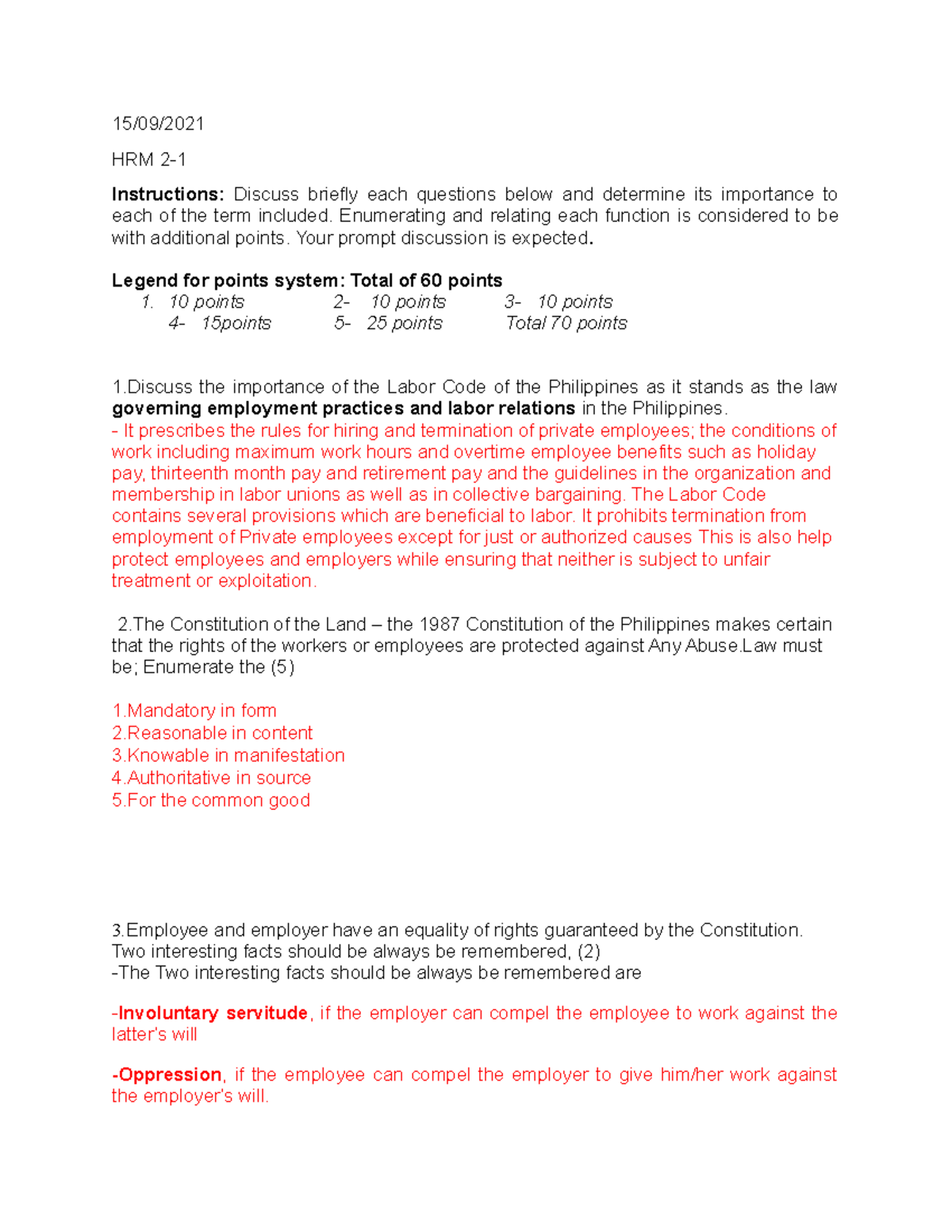 Labor law exercises - 15/09/ HRM 2- Instructions: Discuss briefly each ...
