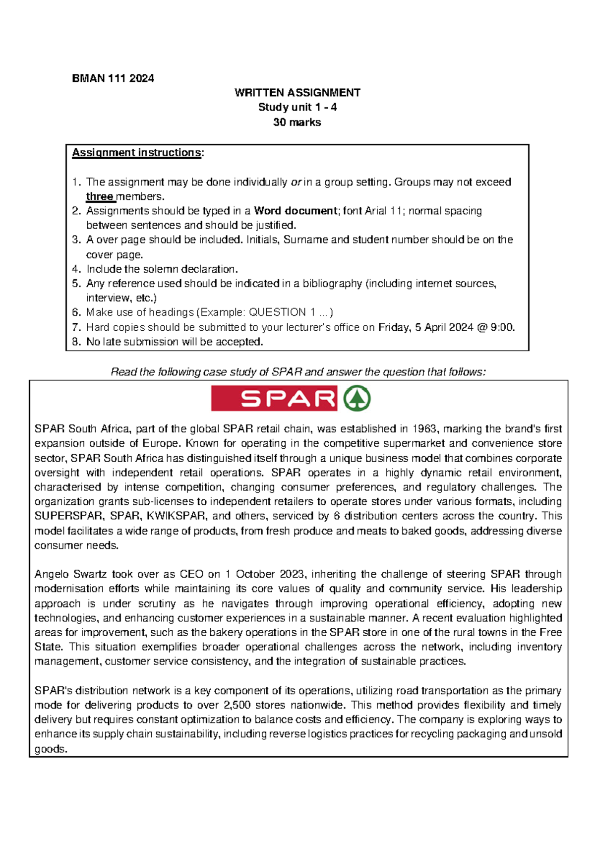 BMAN 111 Assignment Final - BMAN 111 2024 WRITTEN ASSIGNMENT Study unit ...