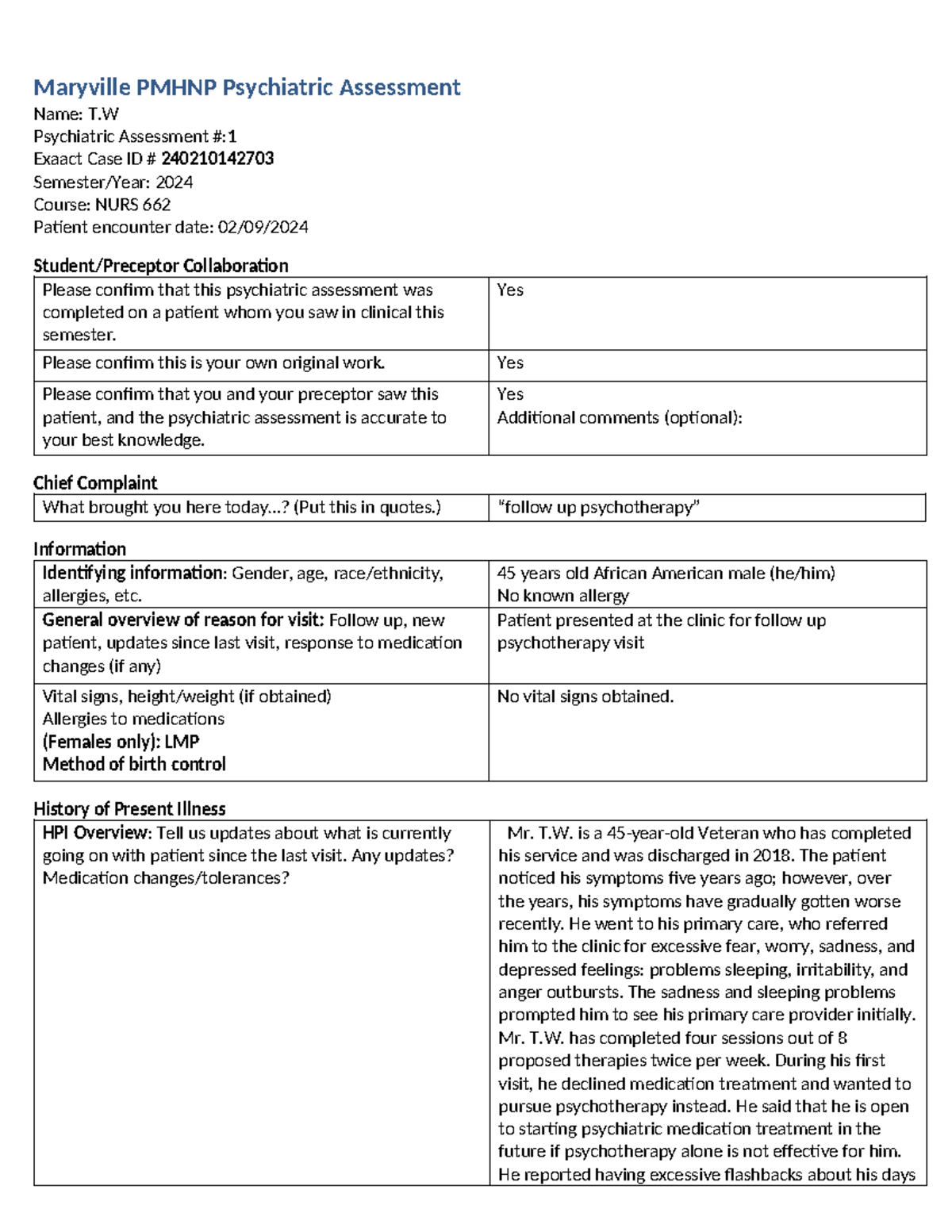 NURS 662 wk 4 Psych Assessment - Maryville PMHNP Psychiatric Assessment ...