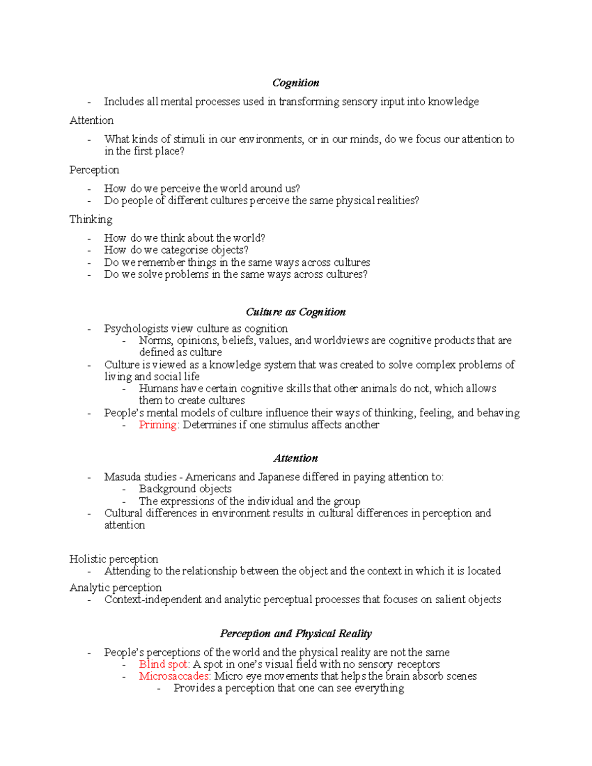 PSY302 WEEK 9 Culture AND Cognition Notes - Cognition Includes all ...