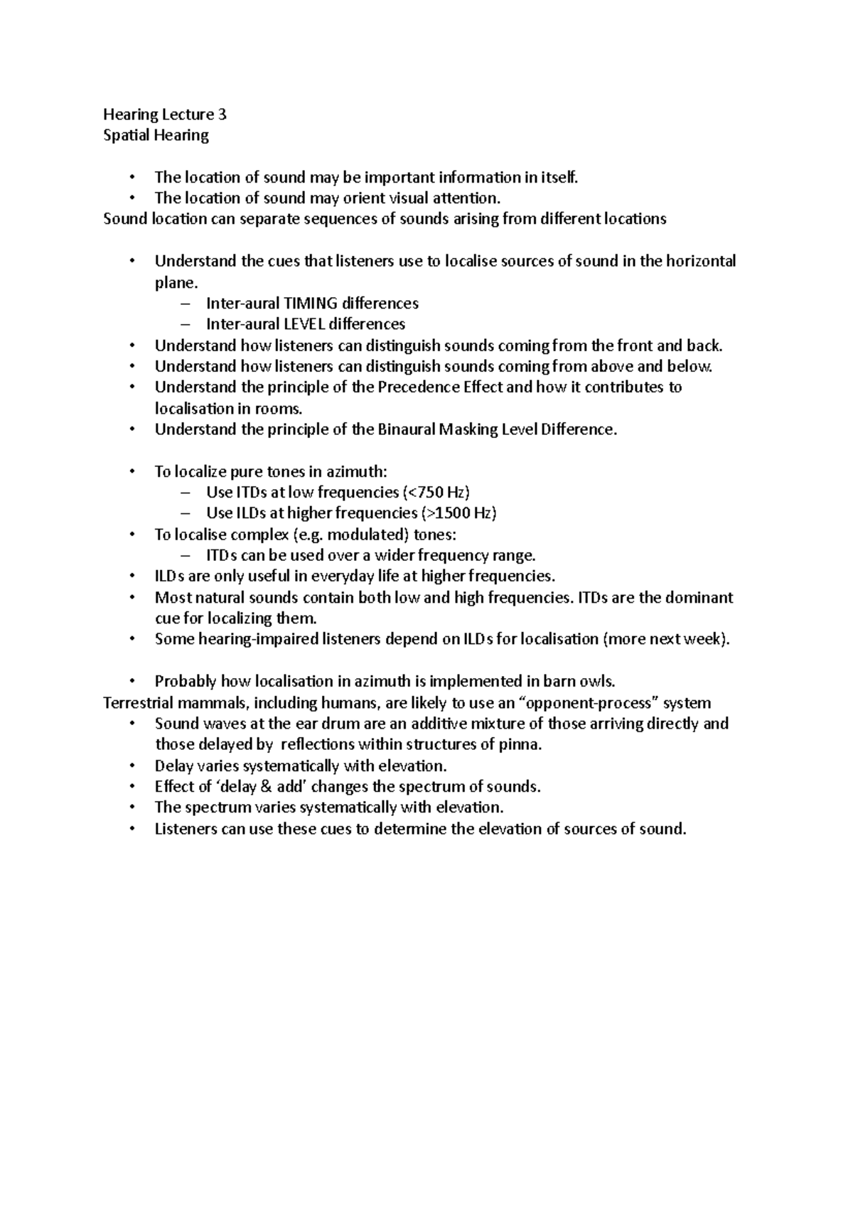 Hearing Lecture 3 - notes - Hearing Lecture 3 Spatial Hearing The ...