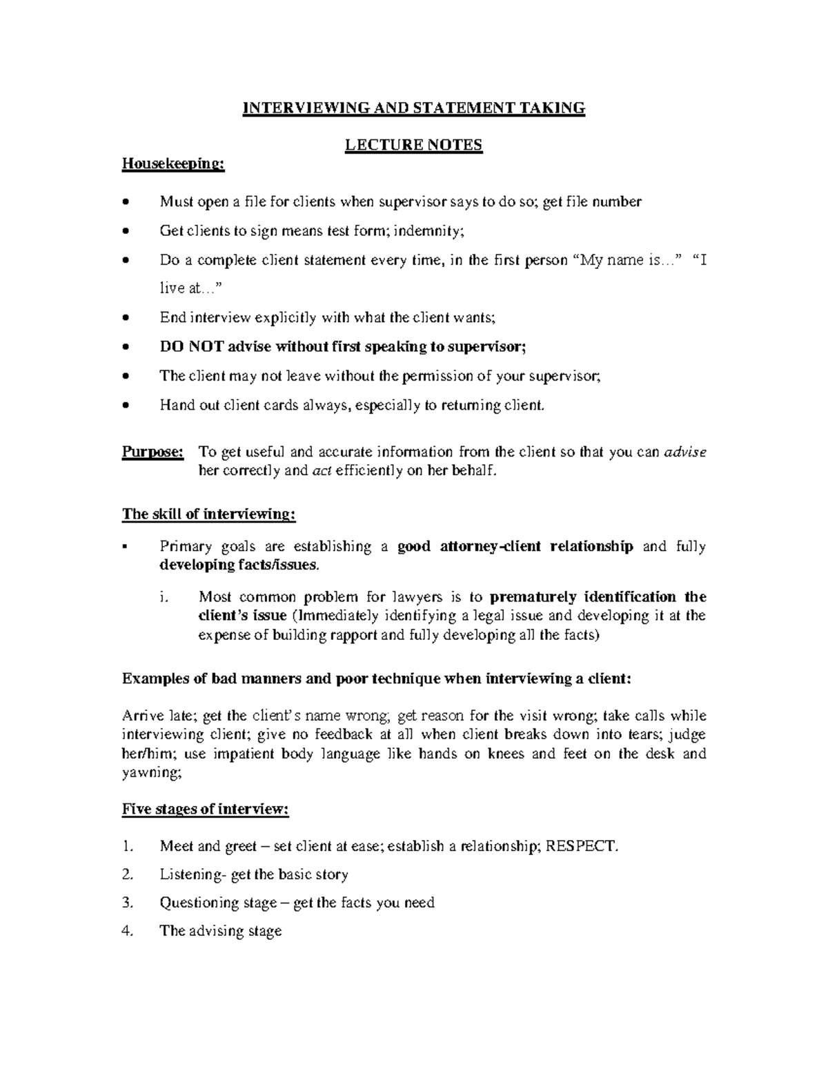 Interviewing Skills and Statement Taking - INTERVIEWING AND STATEMENT ...