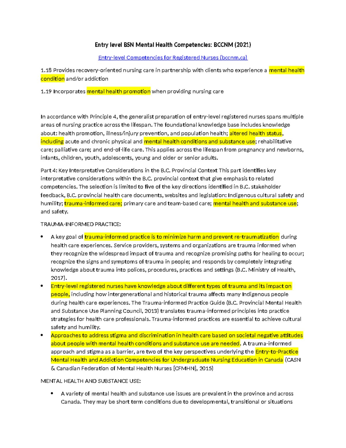 Requirements for Entry to practice BSN RN Mental Health Domain - Entry ...