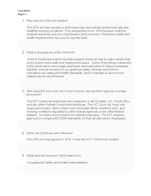 Assignment #1 - OSHA Act - Intro OSHA Asgmt 1 Why was the OSH Act ...