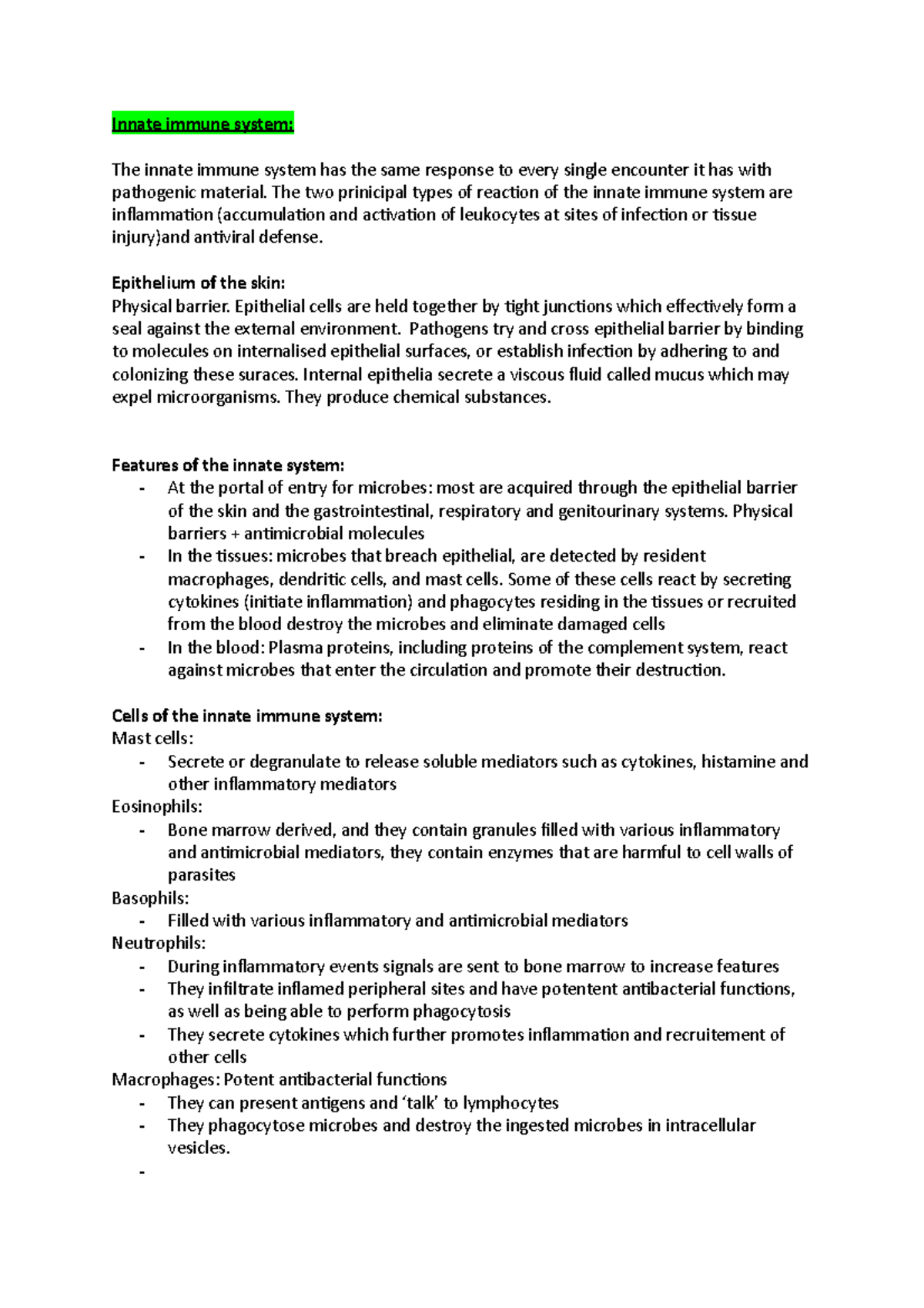 IMMU2011 brief exam Notes - Innate immune system: The innate immune ...