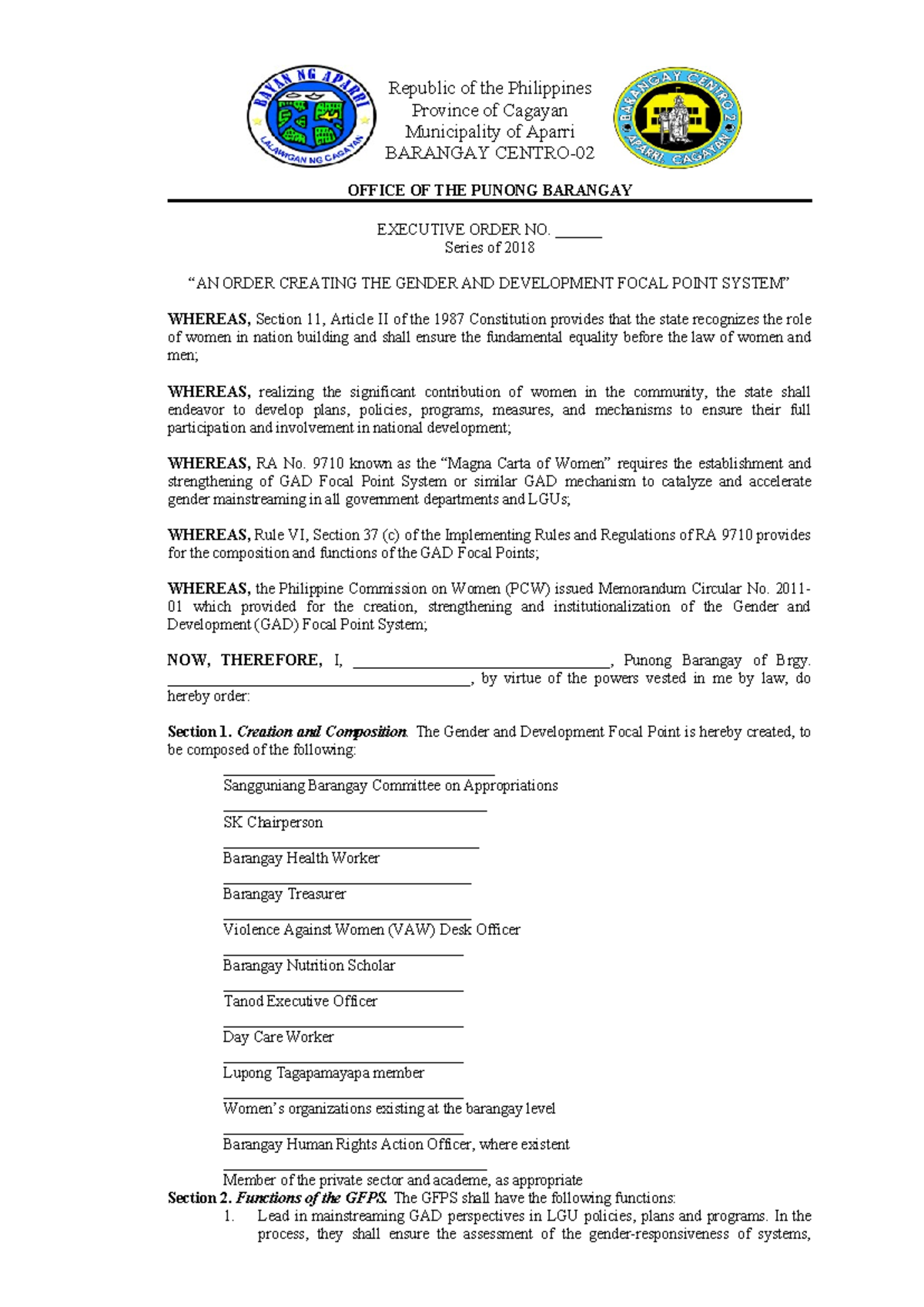 EO-GAD - THESE ARE SAMPLE DRAFTS OF EXECUTIVE ORDERS YOU CAN USE AS ...