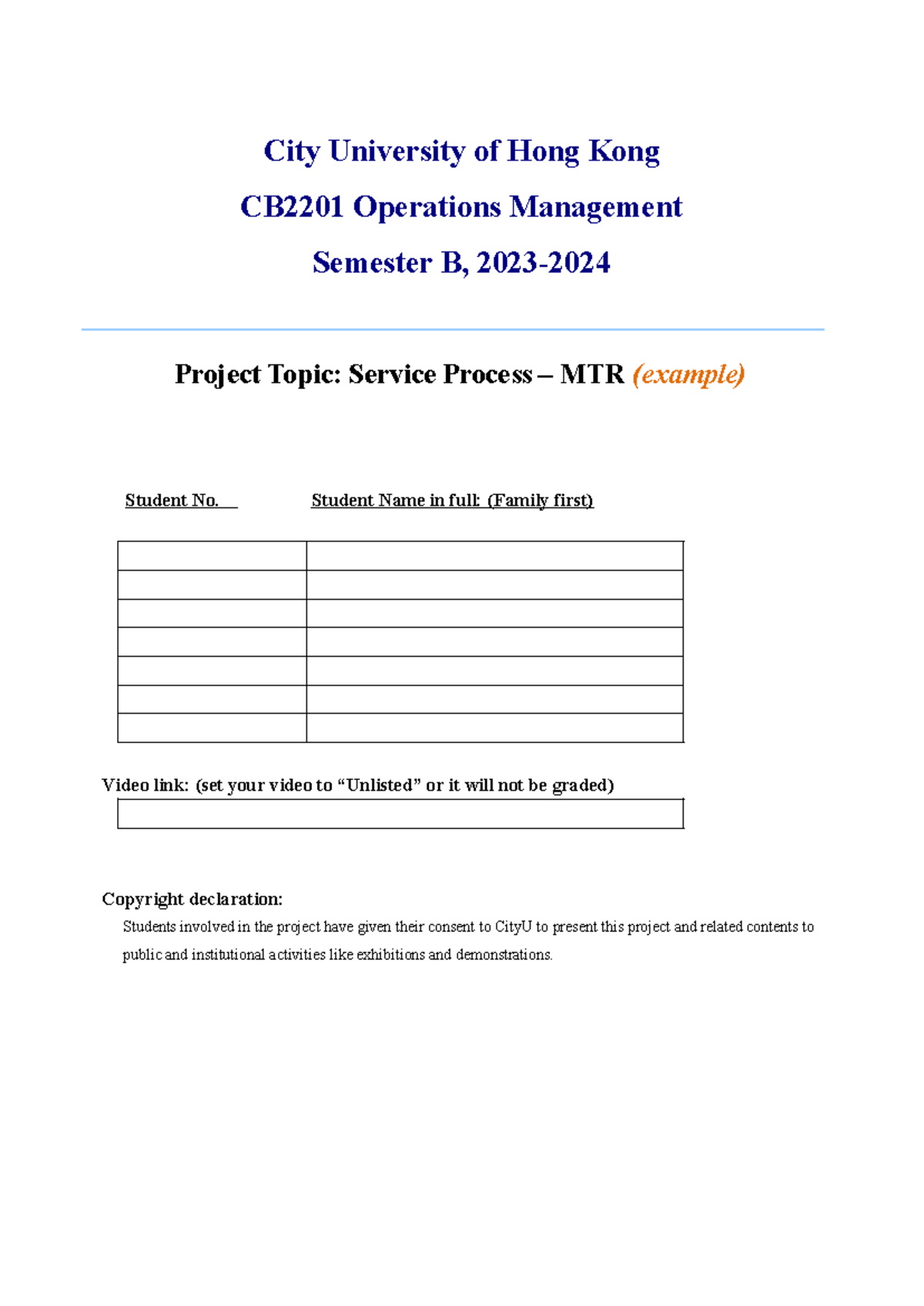 CB2201 One Page Summary Template - Operations Management - City University of Hong Kong CB2201 ...