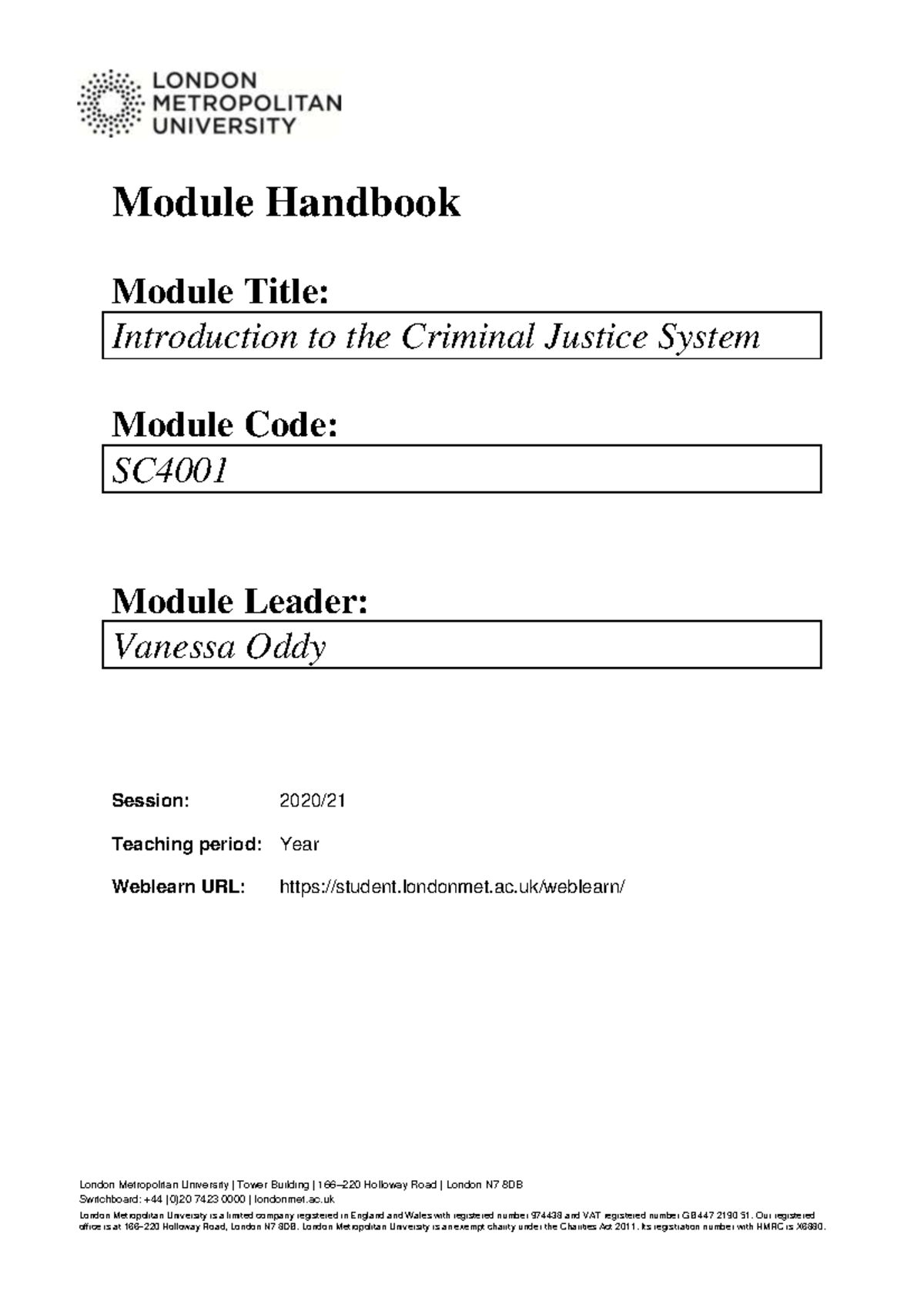 SC4001 Module Handbook 2020-21 - London Metropolitan University | Tower Building | 166–220 ...