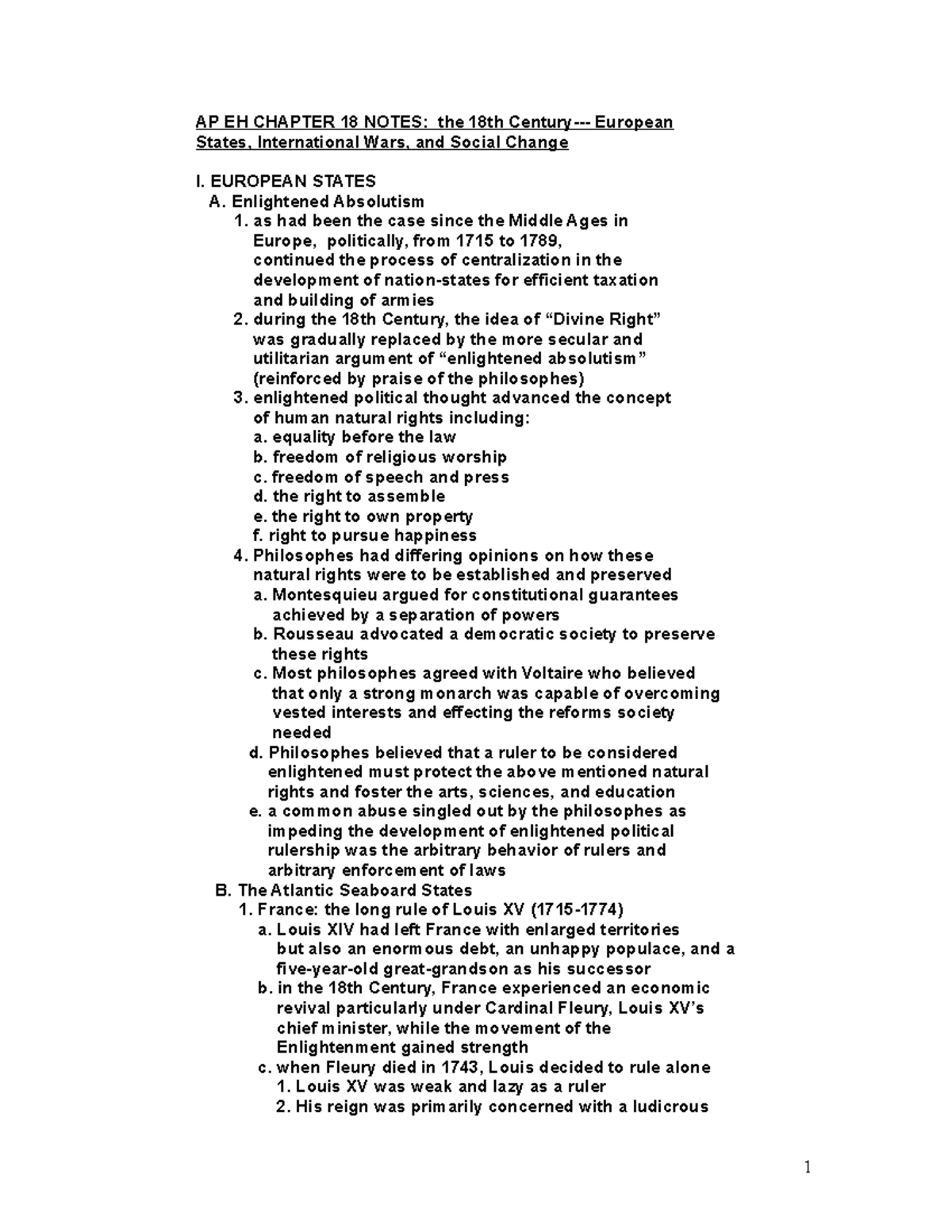 AP EH CH 18 Notes - AP EH CHAPTER 18 NOTES: the 18th Century- European ...