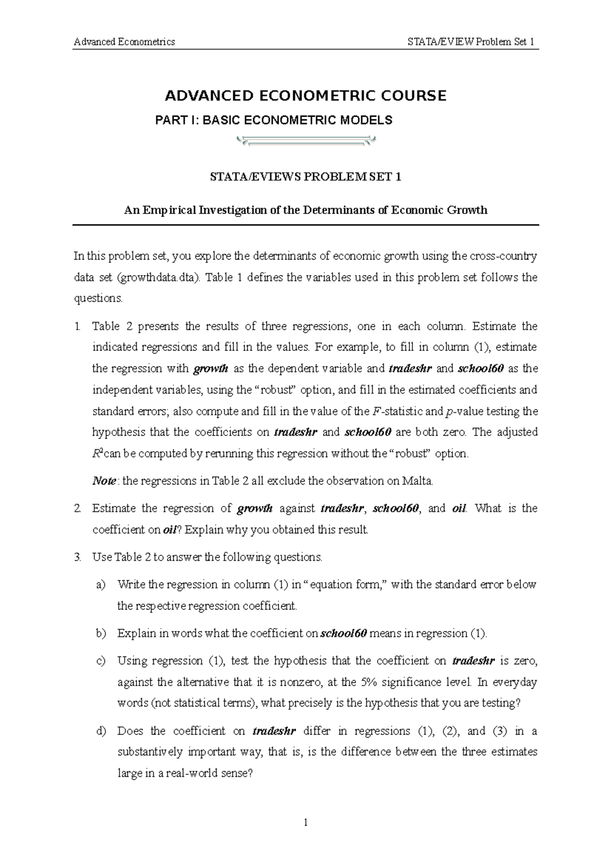 Stata Eview Problem Set 1 Advanced Econometrics Stataeview Problem Set 1 1 Advanced