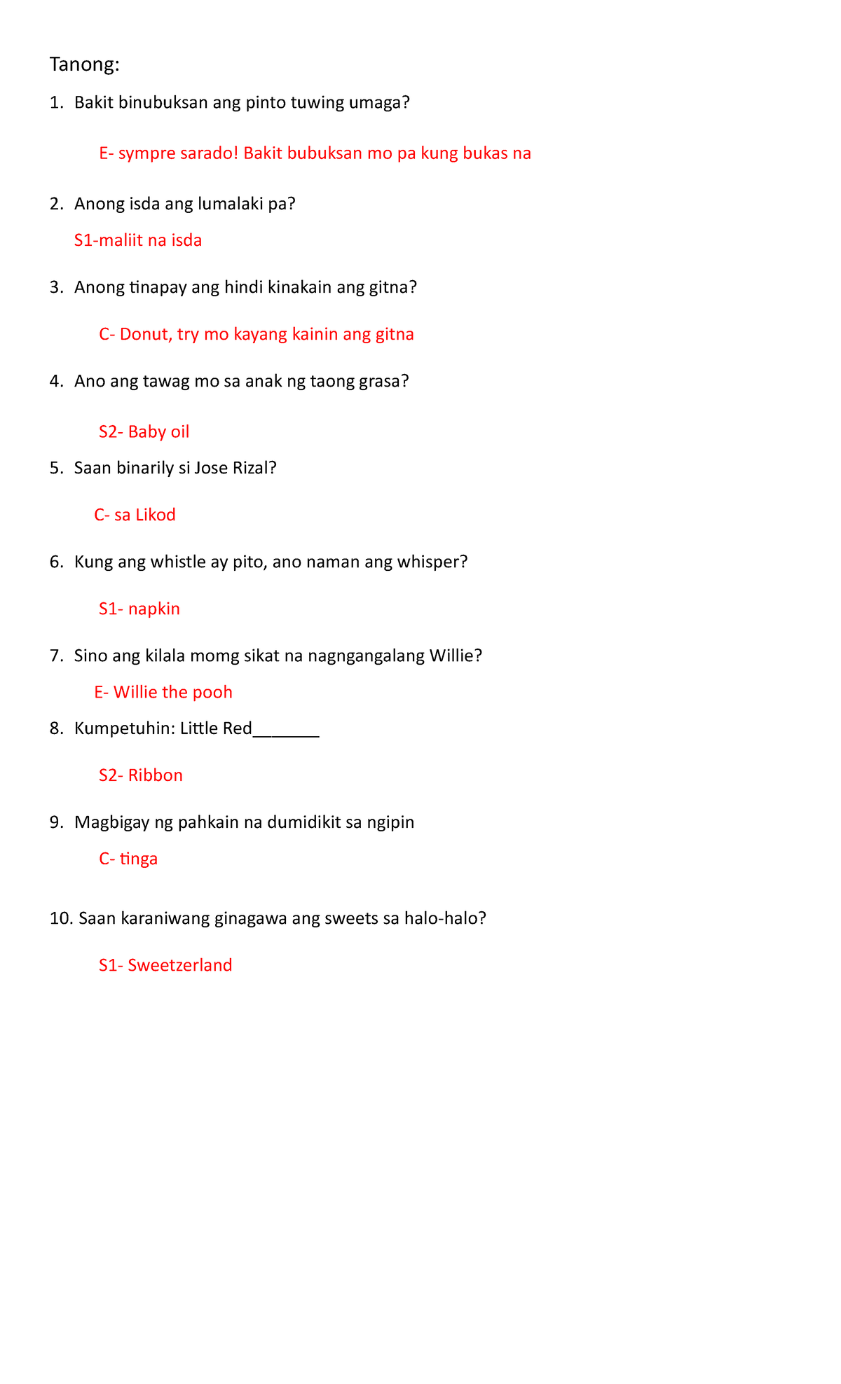 Funny q and a - sample energizer - Tanong: 1. Bakit binubuksan ang ...