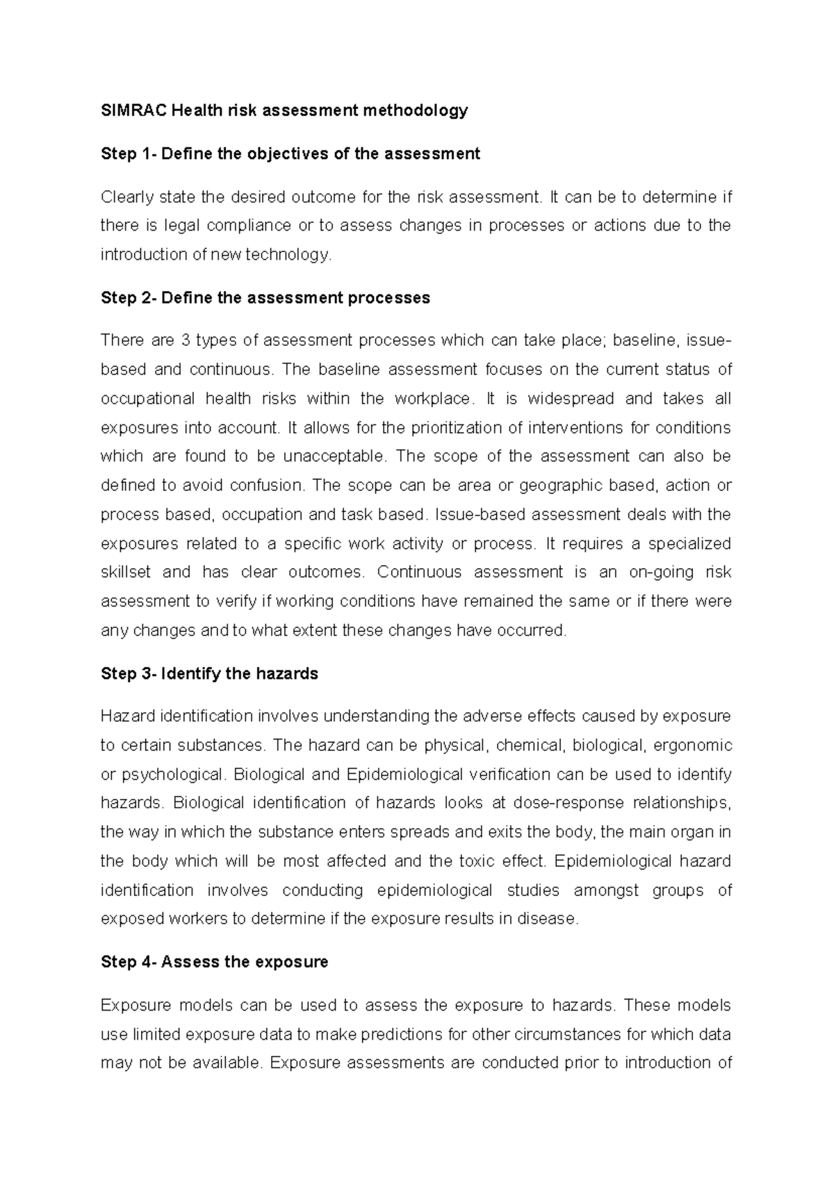 Simrac methodology summary - SIMRAC Health risk assessment methodology ...