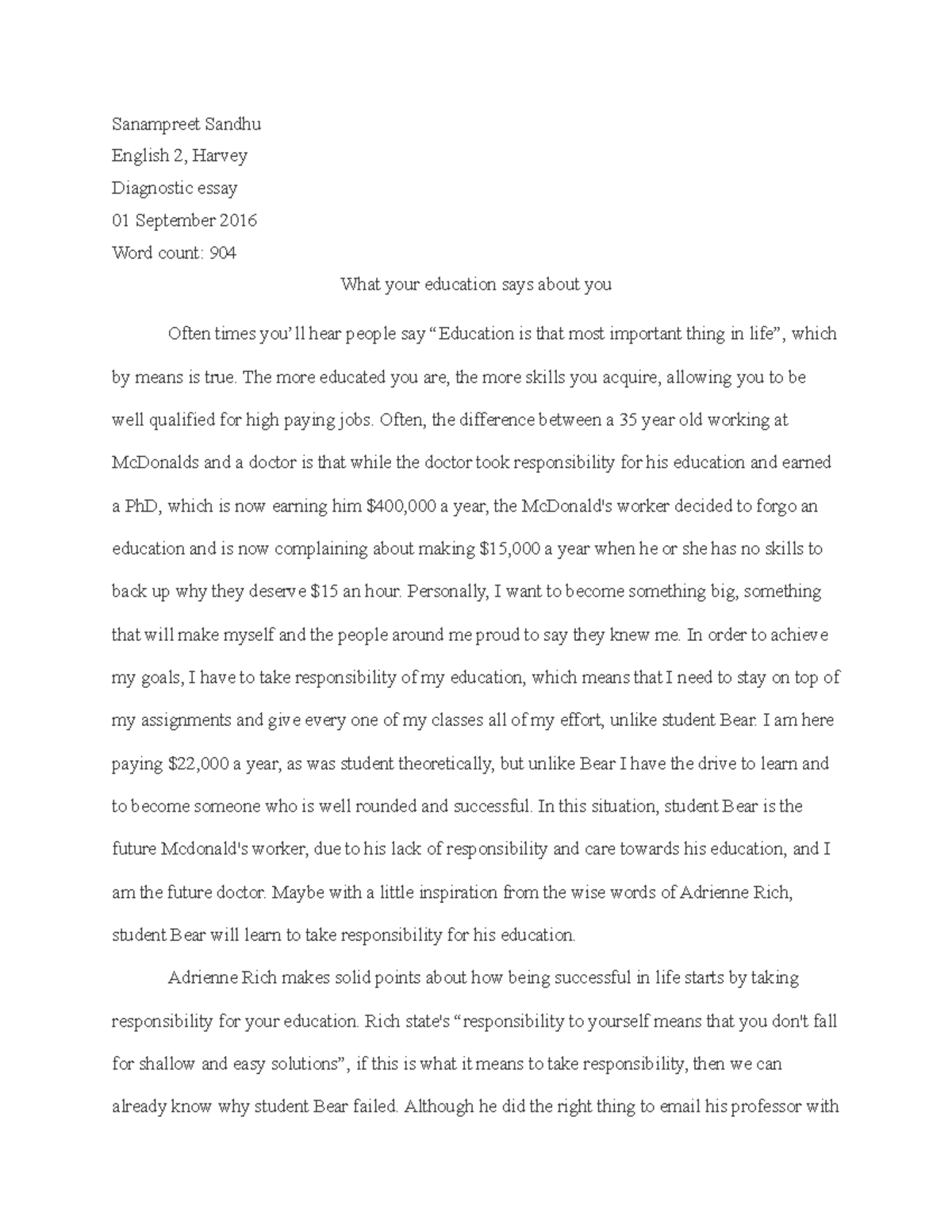 Diagnostic Essay Rewrite - Sanampreet Sandhu English 2, Harvey ...