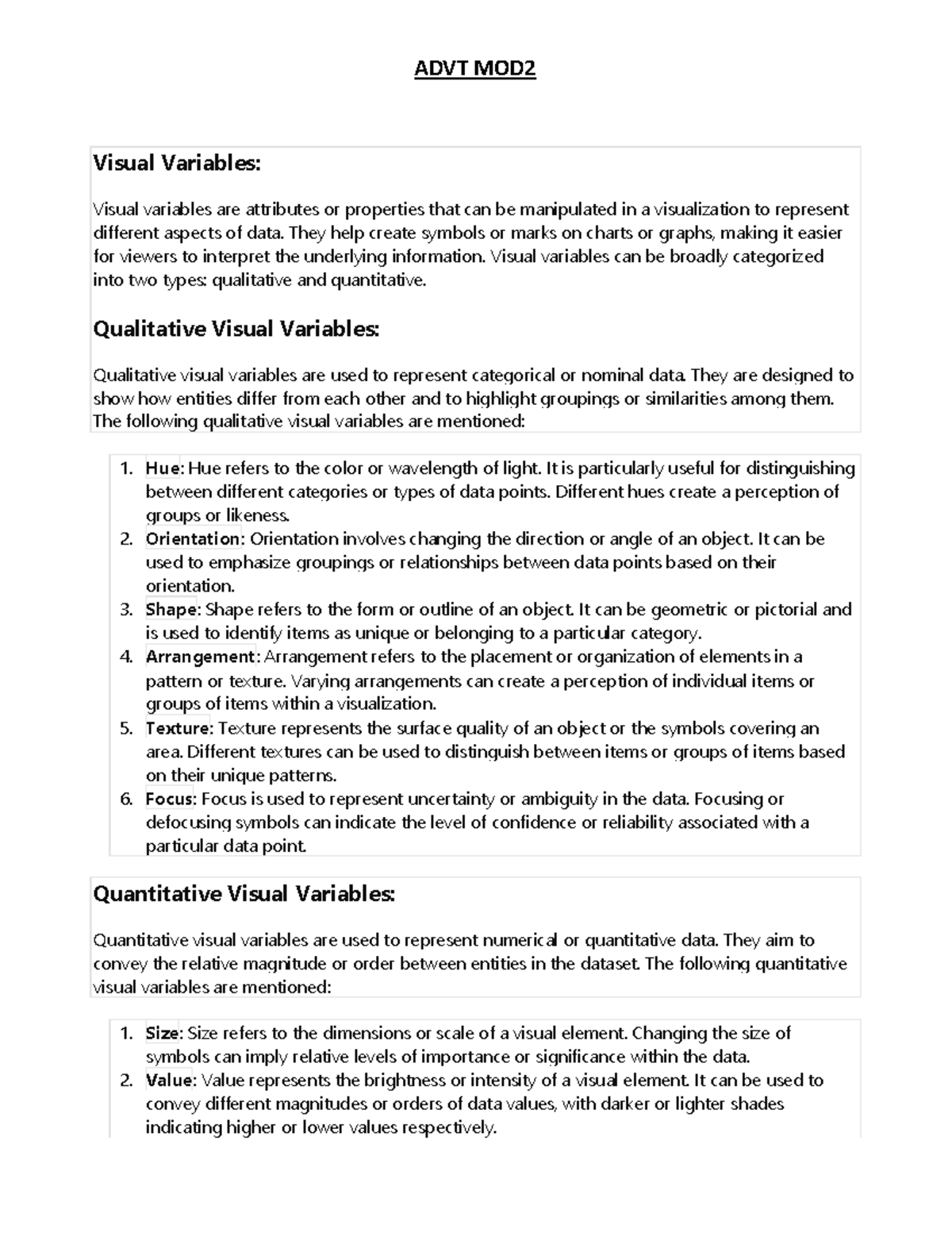 Advt mod2 - ADVT MOD Visual Variables: Visual variables are attributes ...