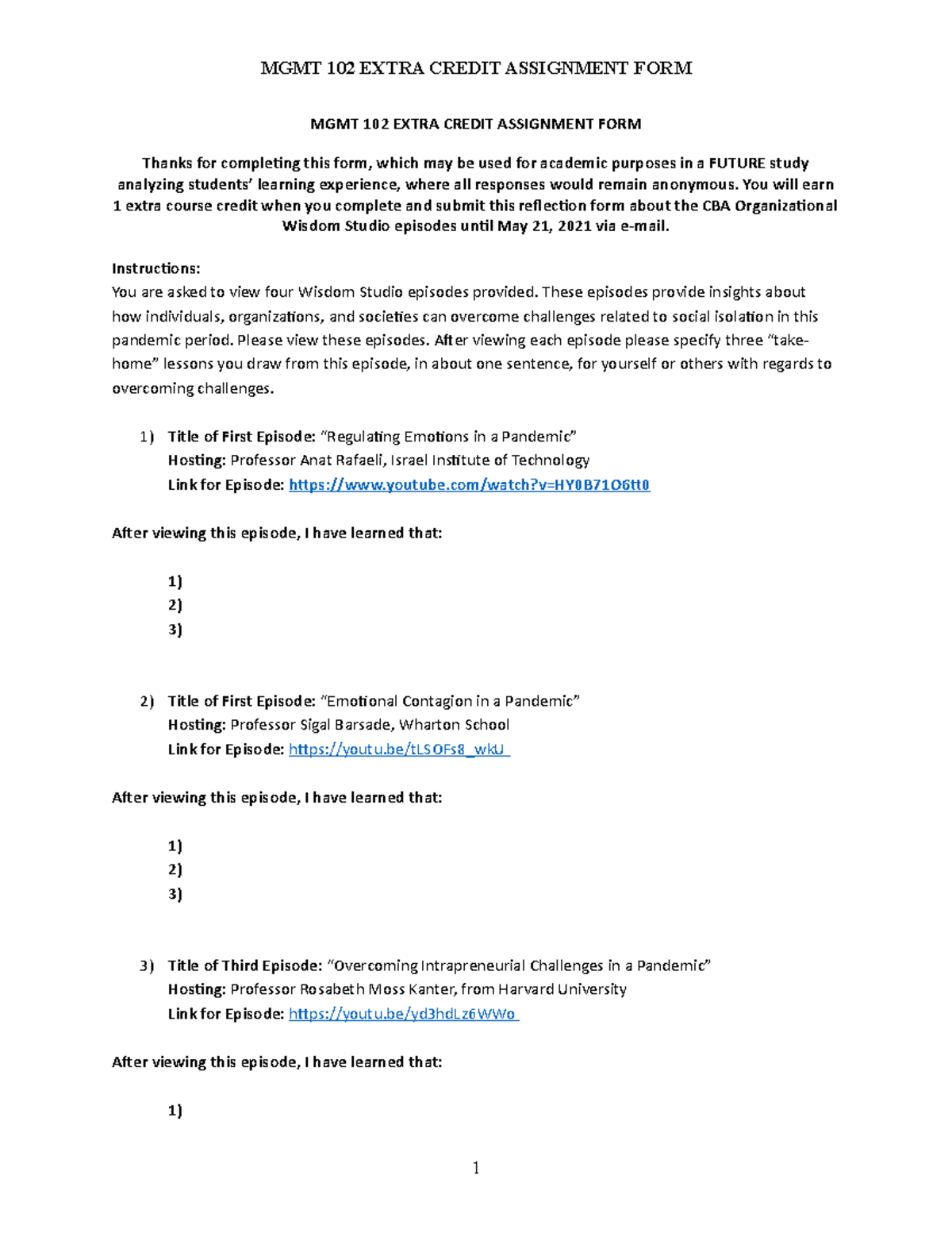 Reflections on Wisdom Studio Extra Credit Form - MGMT 102 EXTRA CREDIT ...