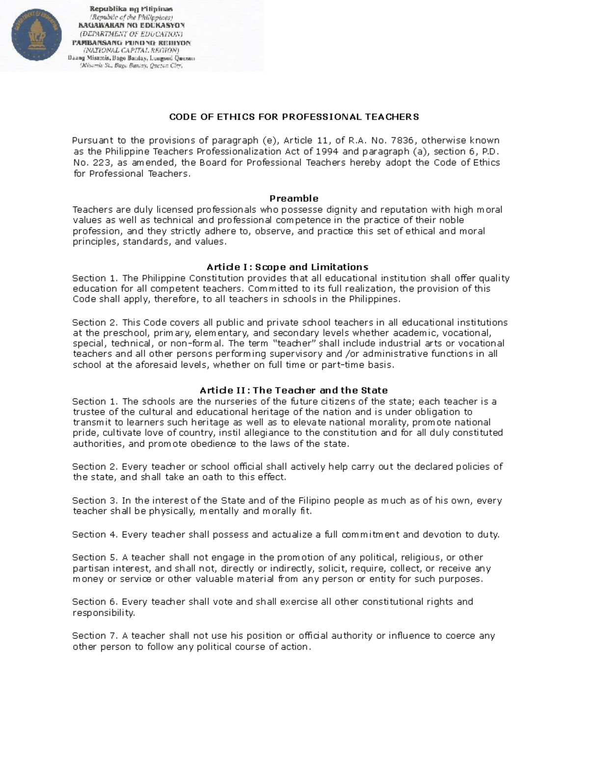 Philippines code of ethics fo professional teachers - CODE OF ETHICS ...
