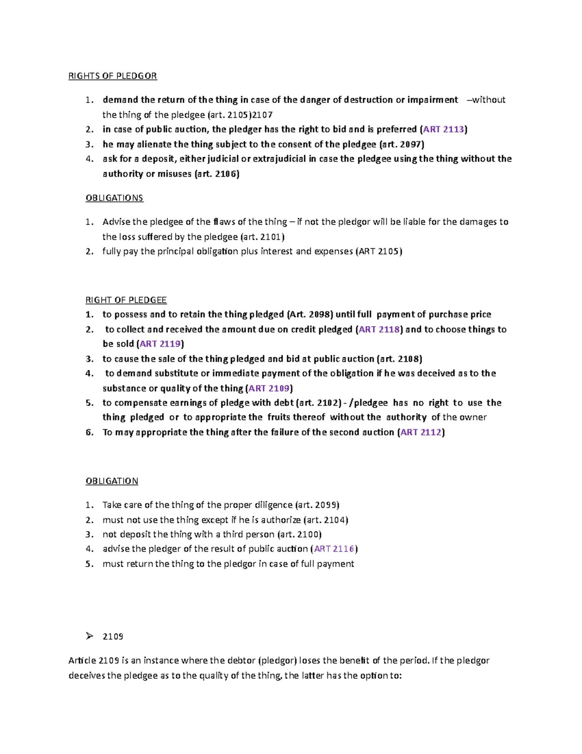 lawscript - law notes - RIGHTS OF PLEDGOR demand the return of the ...