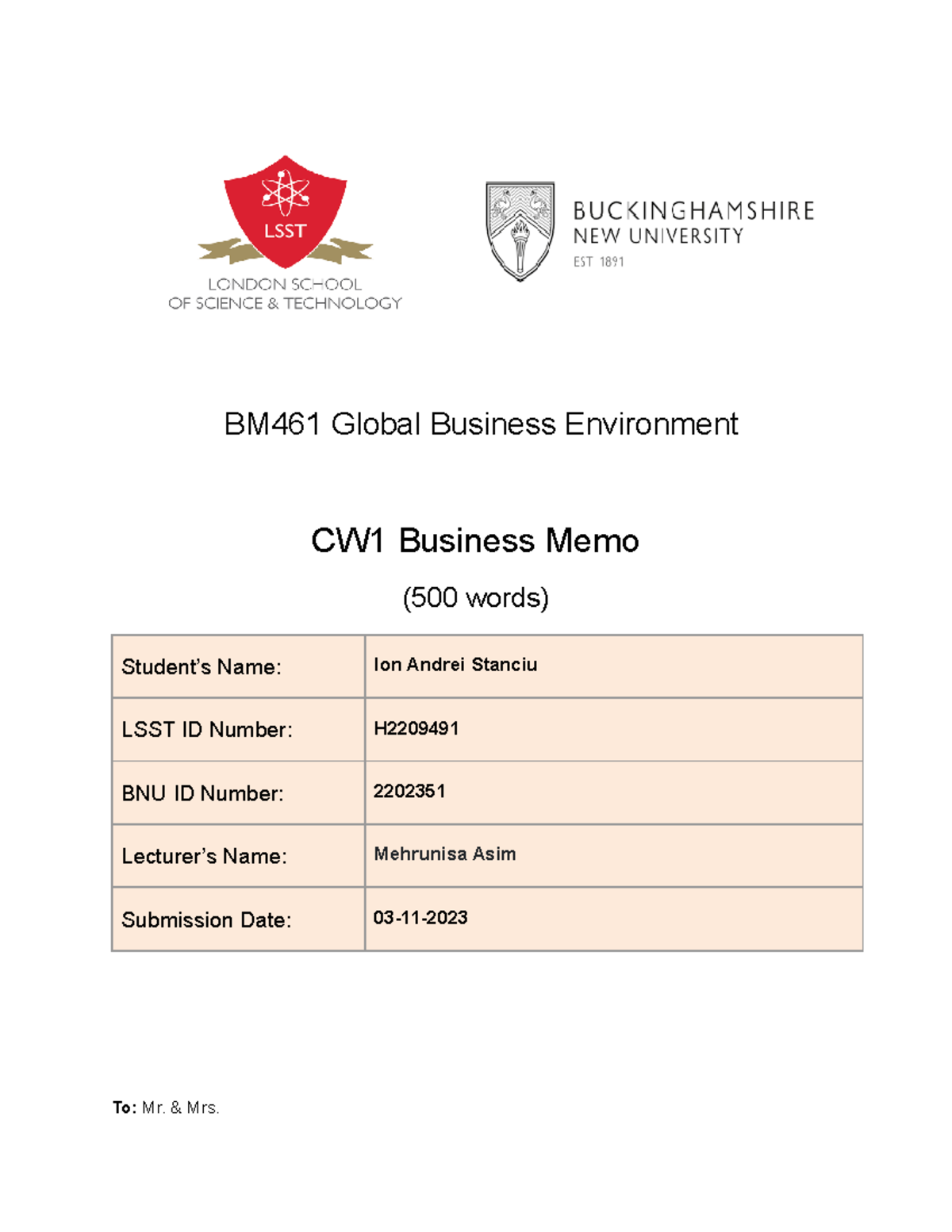 Andrei 2- BM461-CW1 - Global Business Environment - Memo - BM461 Global ...