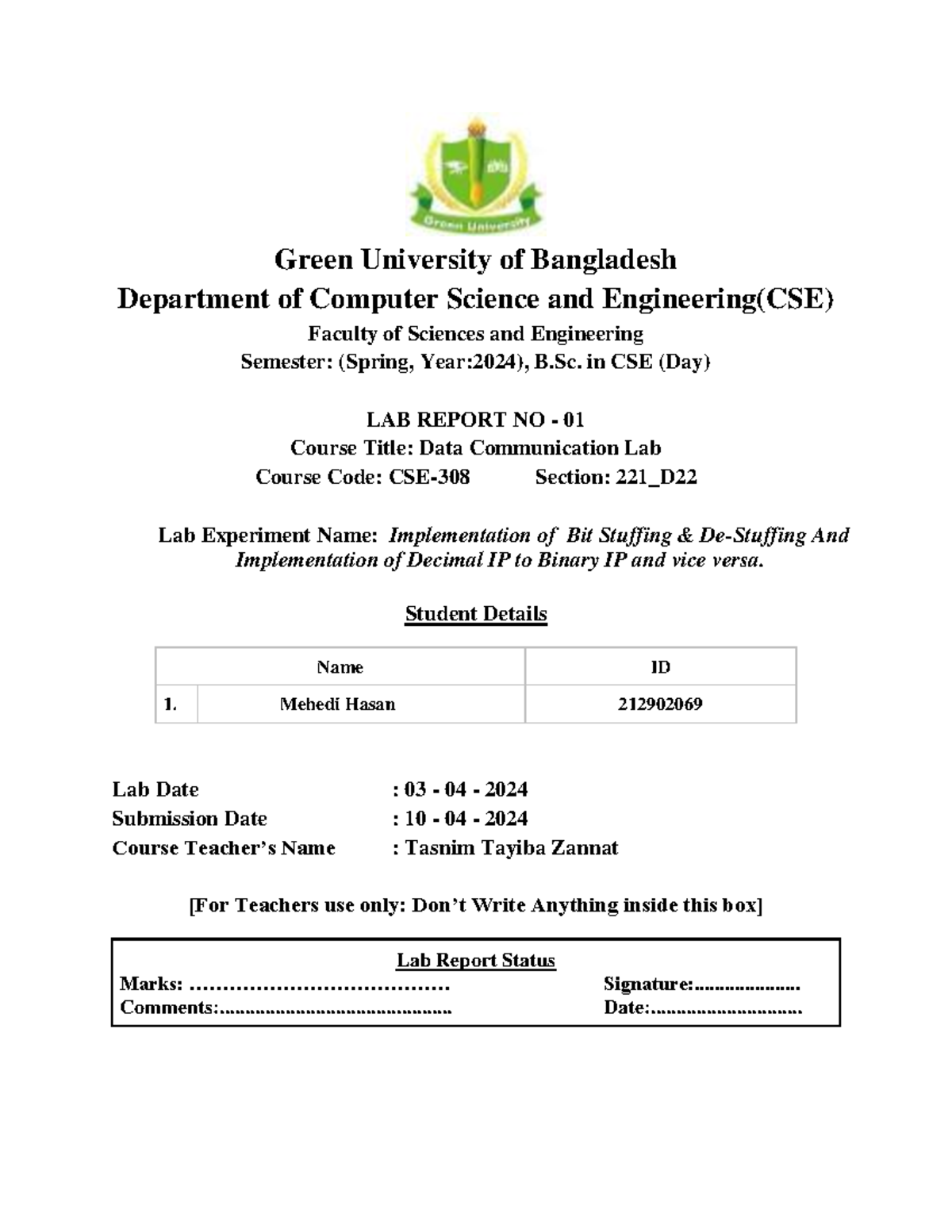 Lab Report CSE 308 - Green University of Bangladesh Department of Computer Science and - Studocu
