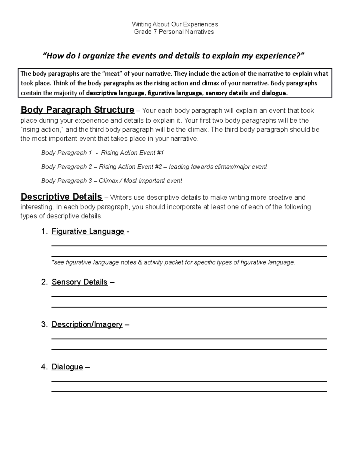 Body paragraphs - personal narratives - Writing About Our Experiences ...