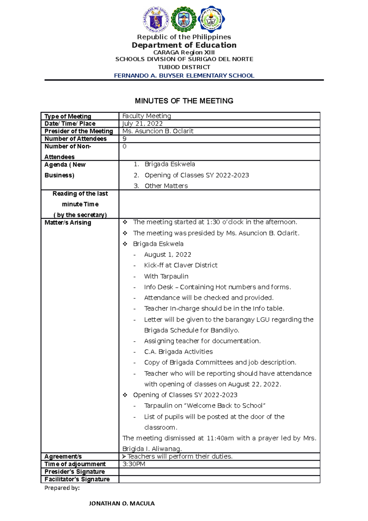Minutes of the Meeting July21 - Republic of the Philippines Department ...