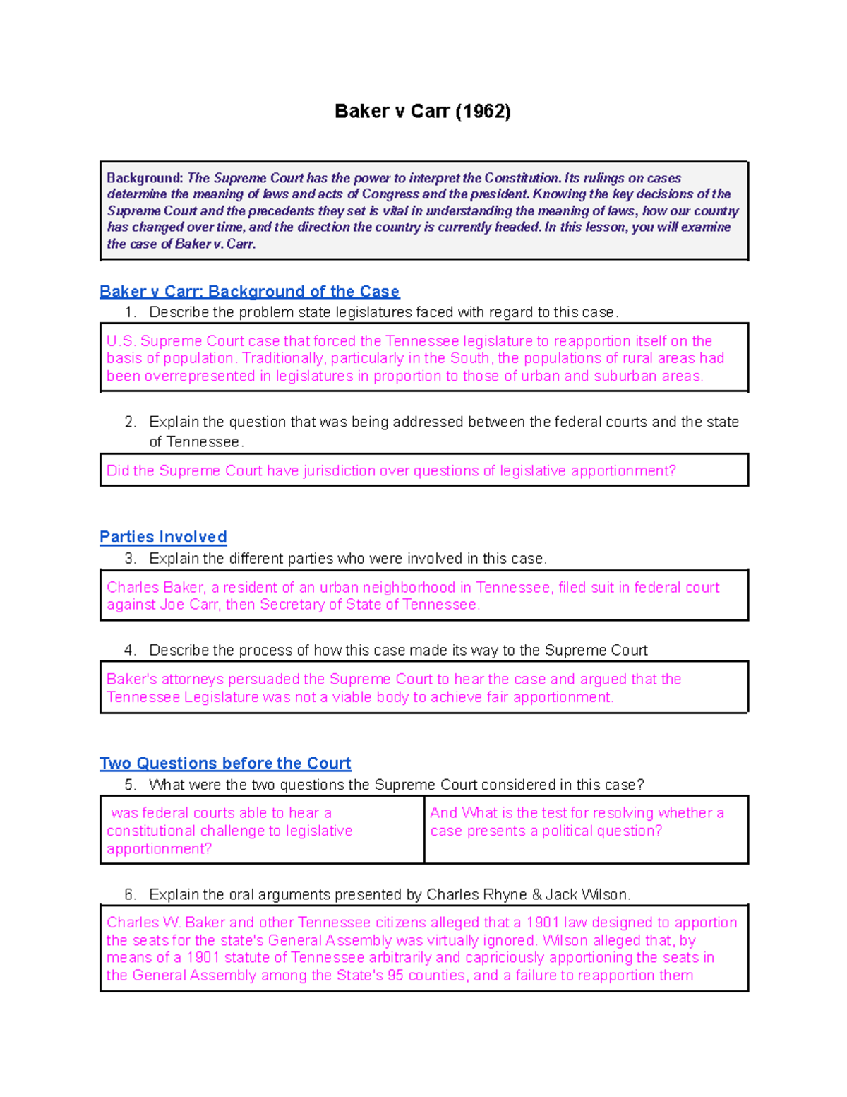 Copy of Baker v Carr (1962) - Baker v Carr (1962) Background: The ...