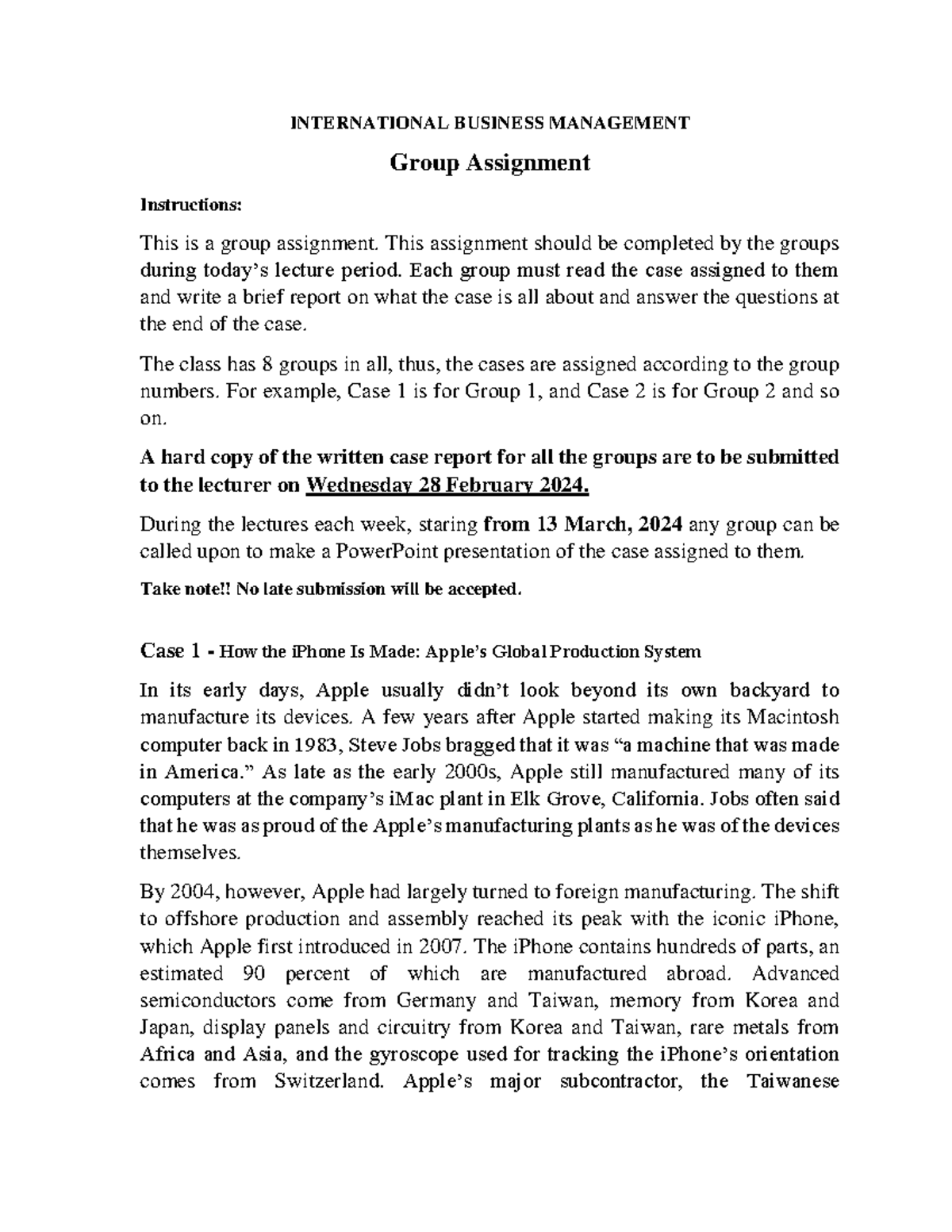 Group Assignment - INTERNATIONAL BUSINESS MANAGEMENT Group Assignment Instructions: This is a ...