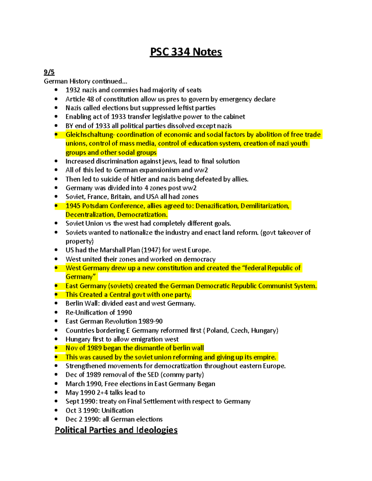 PSC 334 Notes - PSC 334 Notes 9/ German History continued... 1932 nazis ...