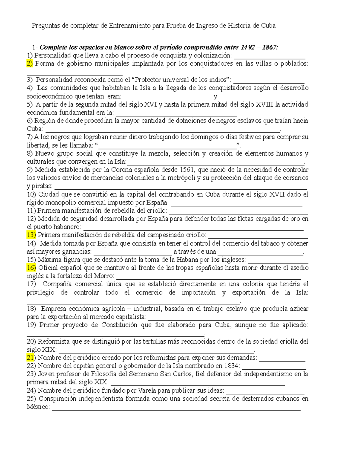 Unidad 1 Historia del país - Preguntas de completar de Entrenamiento ...