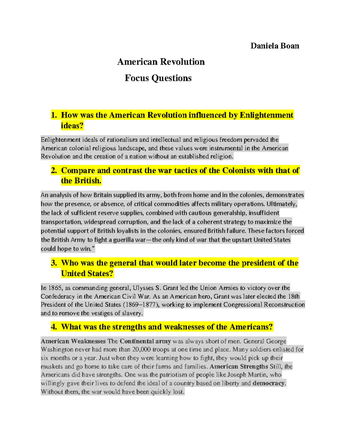 American revolution - Daniela Boan American Revolution Focus Questions ...