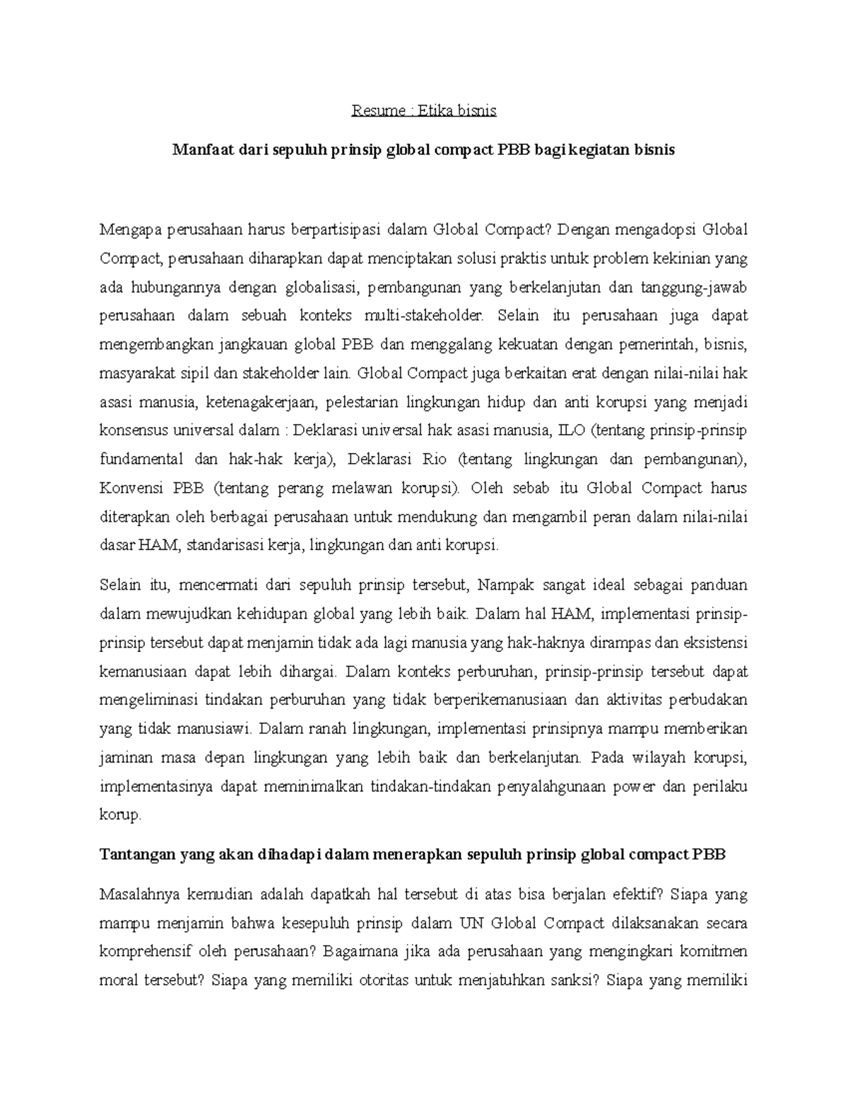 Resume Etika Bisnis Manfaat dari sepuluh prinsip global compact PBB ...