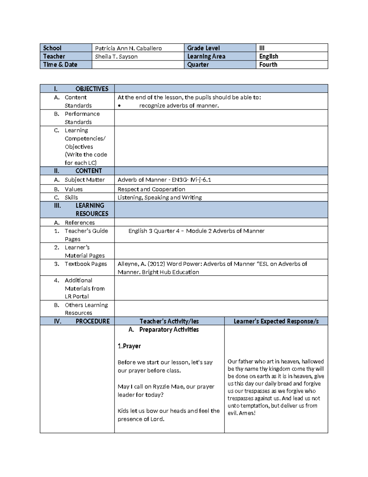 Lesson-Plan - School Patricia Ann N. Caballero Grade Level III Teacher ...