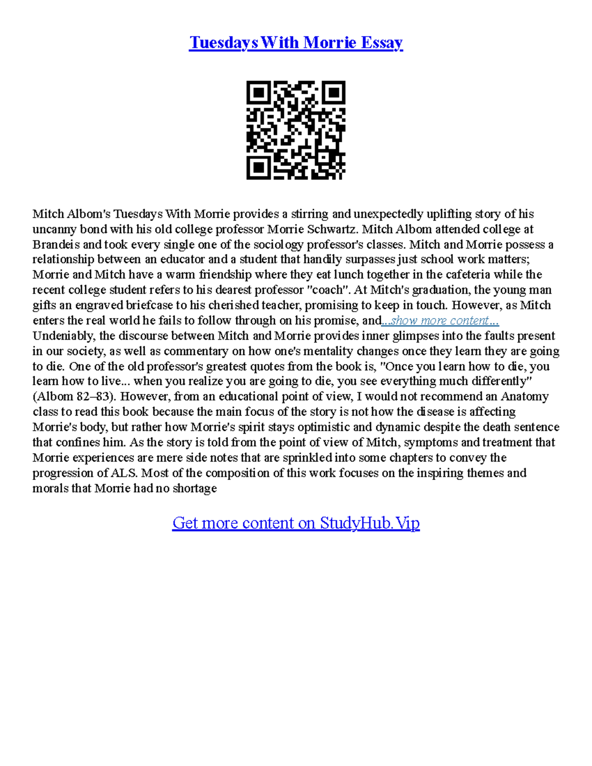 Tuesdays With Morrie Essays - Tuesdays With Morrie Essay Mitch Albom's ...