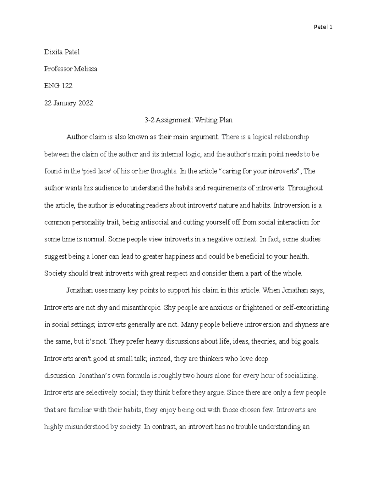 3-2 Assignment writting plan - Patel 1 Dixita Patel Professor Melissa ...