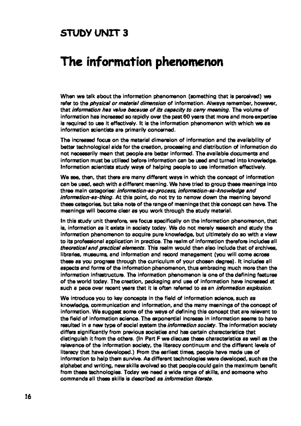 STUDY UNIT 3-INS1501 - STUDY UNIT 3 The information phenomenon When we ...